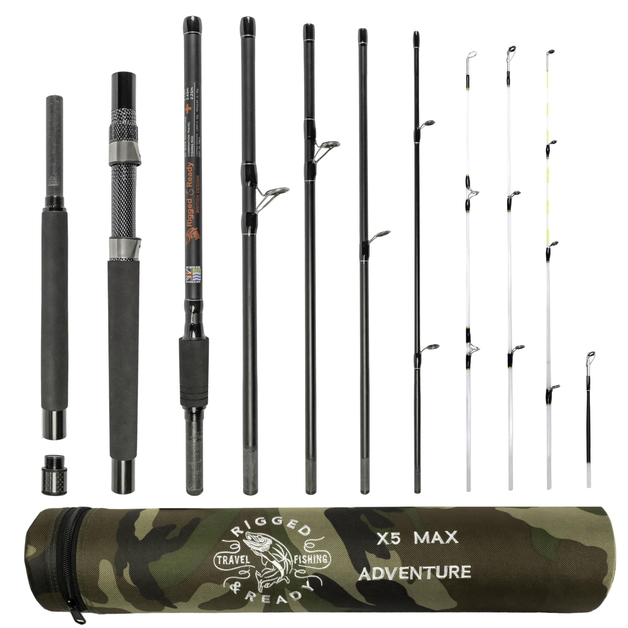 Rigged and Ready X5 MAX Powerful Travel Fishing Rod Super Compact, Multi-Functional Travel Rod. 1 Rod 9 Combinations. 2.70m (8.9โ), 2.45m (8โ), 2.25m (7.4โ) Lengths. Compact 43cm 16.5โ Carry Case.