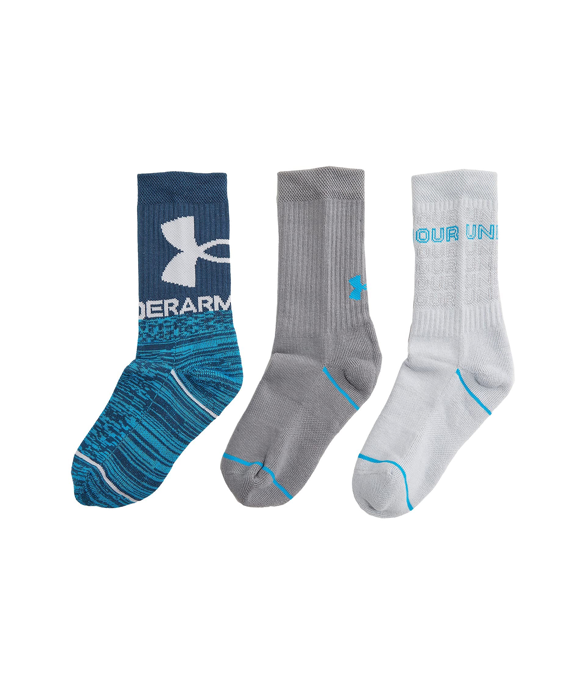Under Armour Boy's Phenom Crew Socks 3-Pair (Little Kid/Big Kid) Blue Note/Assorted LG (13.5 Little Kid - 4 Big Kid)