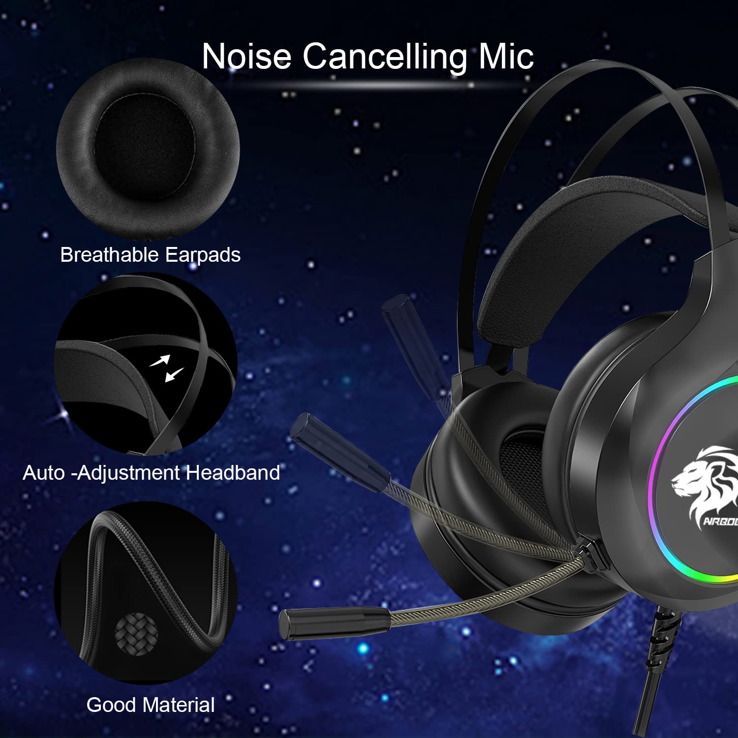 RAFIKI Gaming Headset with Microphone for PS4, PS5, Laptop, PC,Mobile Phone,7.1 Surround Sound Headphones,Memory Foam Ear Pads LED Lights, Self-Adjusting Over Ear Headset