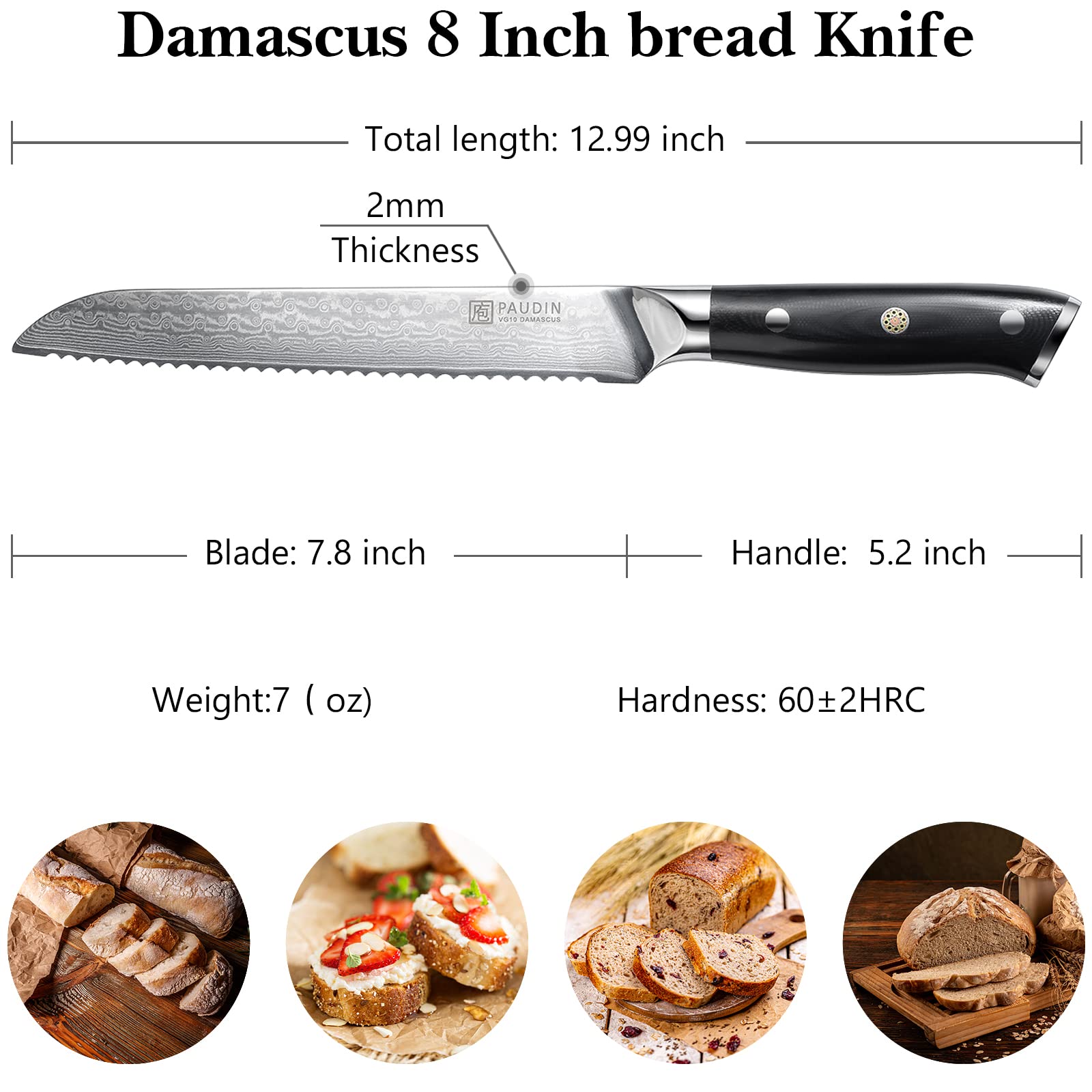 PAUDIN Bread Knife Serrated Damascus Bread Knife 8 inch,Super Sharp Edge and 67-Layer Forged Blade, Professional Bread Knife with Full Tang Ergonomic Micarta Handle, VG-10 Cake Knife for Toast