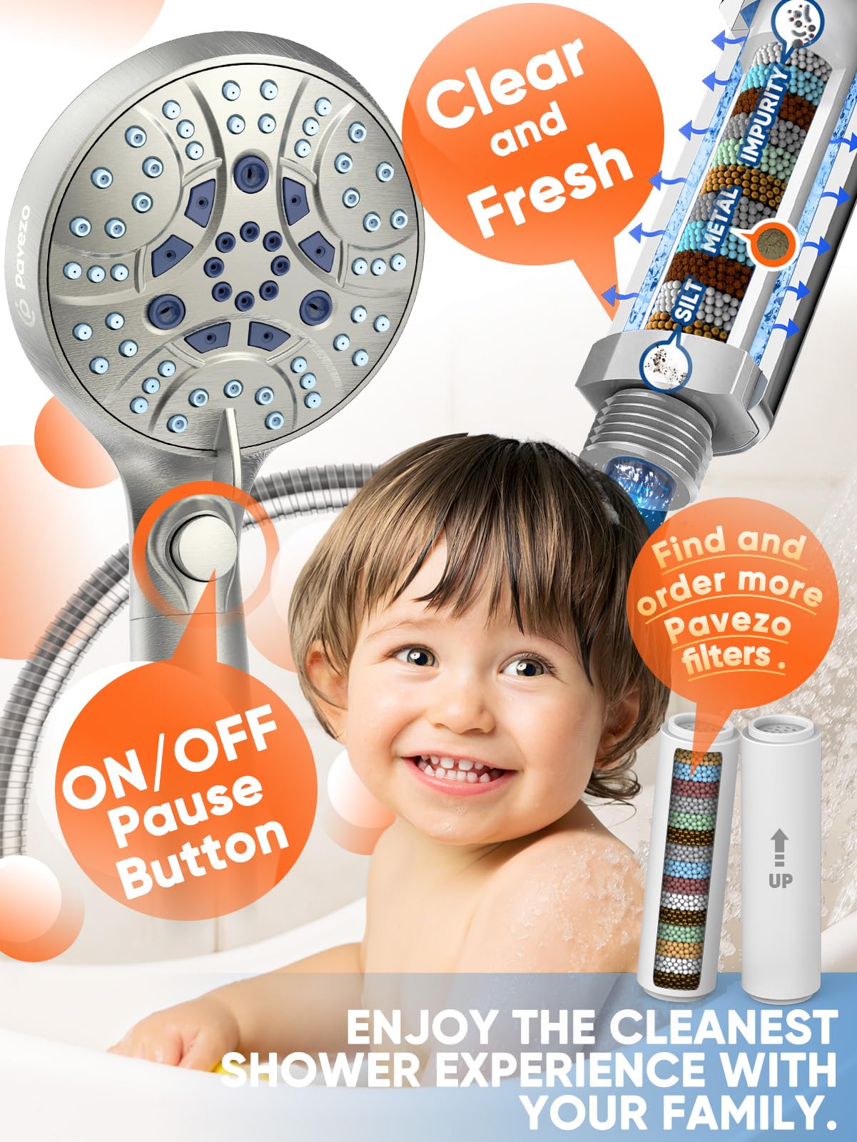 Pavezo High Pressure Handheld Shower Head with Filter, ON/OFF Switch Pause Button, 10-mode Shower Head with Hard Water Softener Filters, SS Hose, Anti-clog & Powerful Clean Tile & Pets, Brushed Nickel