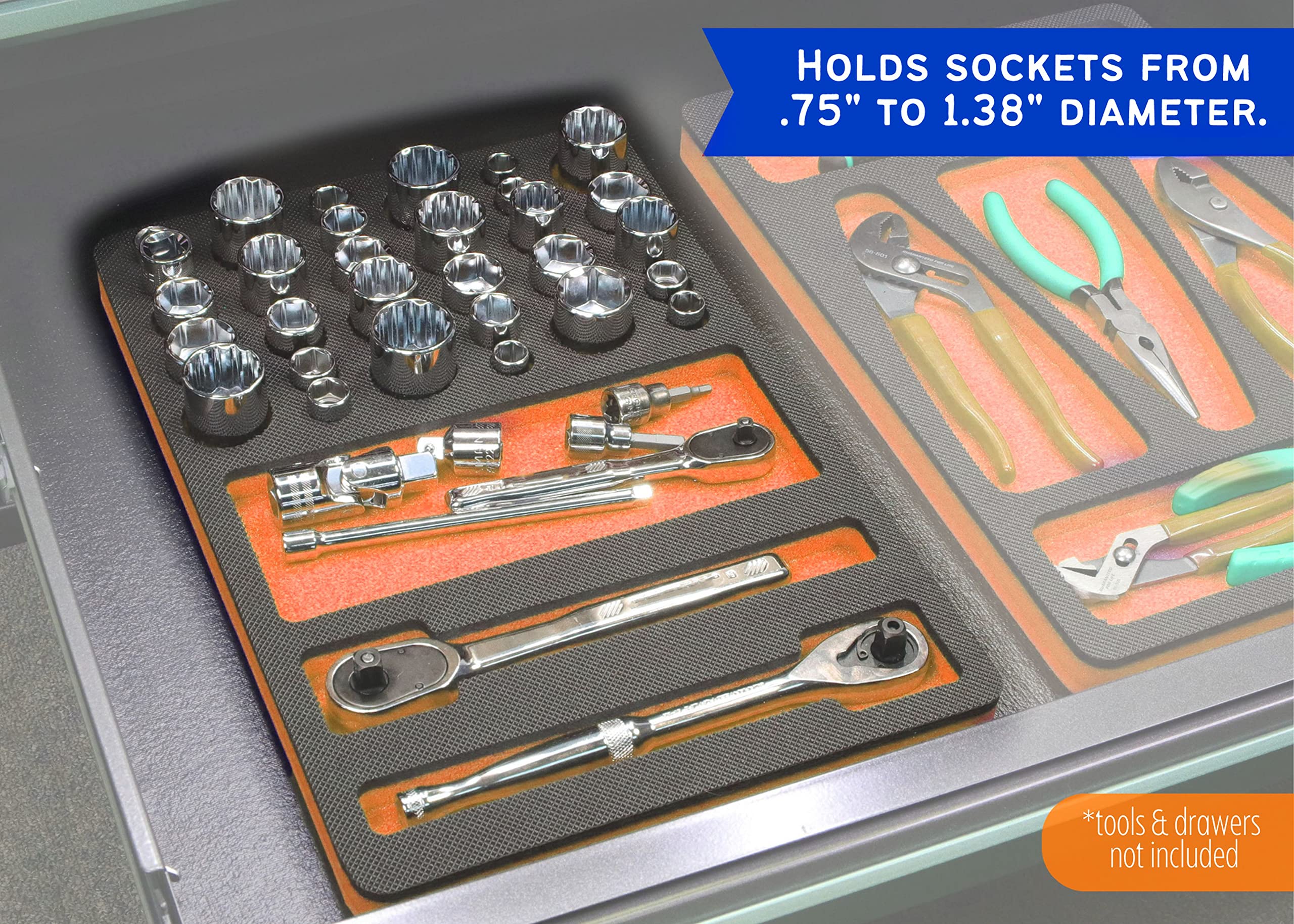Polar Whale Tool Drawer Organizer Socket Holder Insert Orange and Black Durable Foam Strong Tray 15 x 10 Inches Holds 30 Sockets and More Fits Craftsman Husky Kobalt Milwaukee and Many Others
