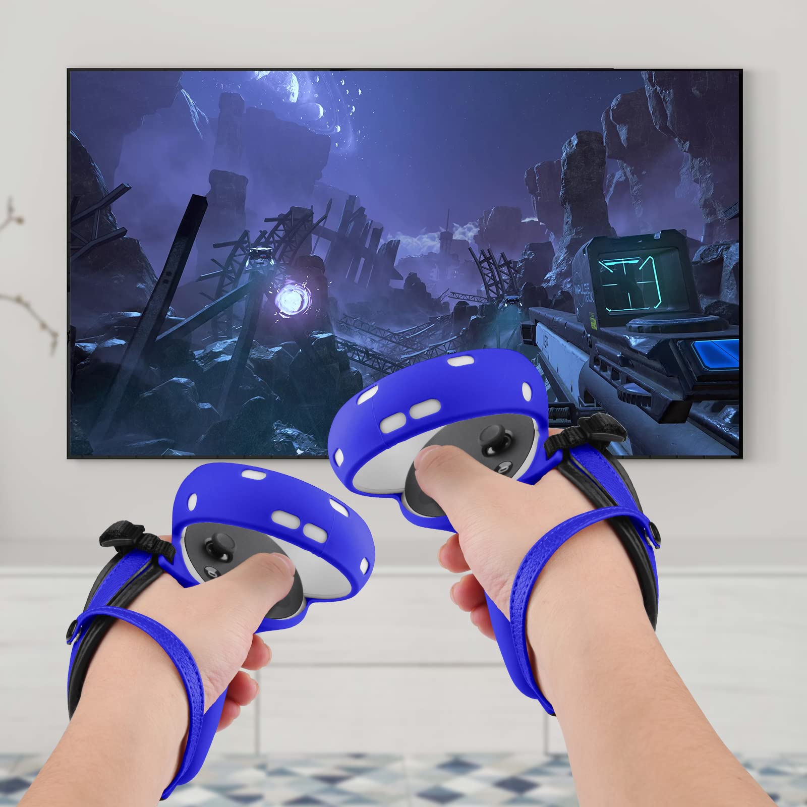 Touch Controller Grip Leather Cover for Oculus Quest 2, EWalos Double Protection Anti-Throw Silicone Handle Cover with PU Leather Knuckle Strap, DSLR Hand Strap Style Design(Blue, 1 Pair)