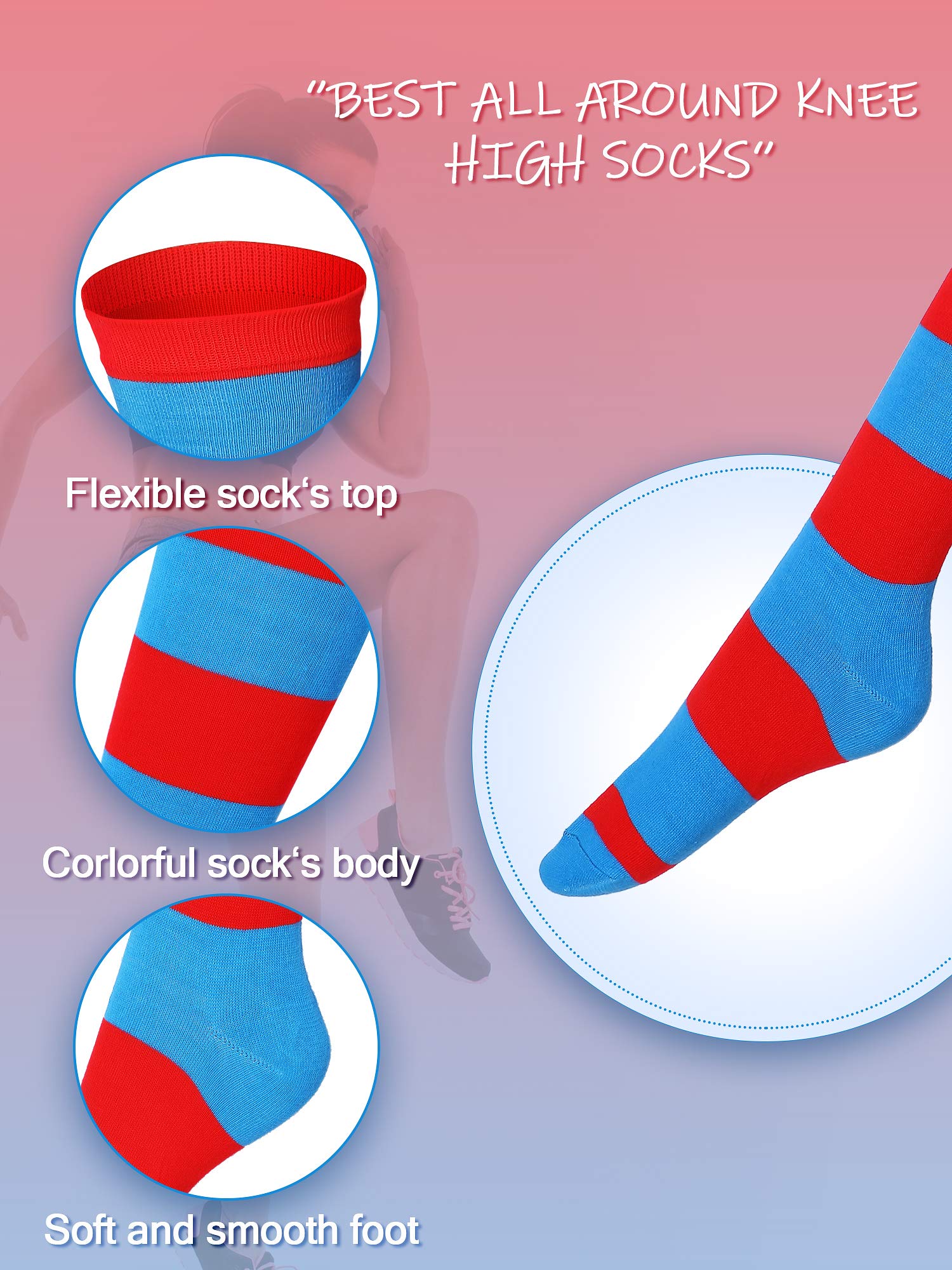 SATINIOR 3 Pairs Blue and Red Striped Long Knee Thigh High Striped Socks Tight for Women