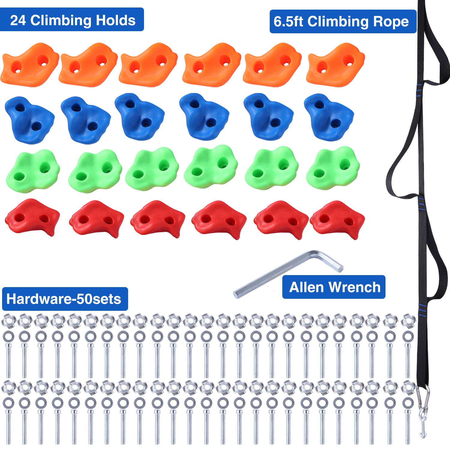 RedSwing 24PCS Rock Climbing Holds for Kids with 6.5 Ft Loop Rope, Large Rock Wall Holds for Outdoor Indoor Climbing Wall Playset, Including Mounting Hardware
