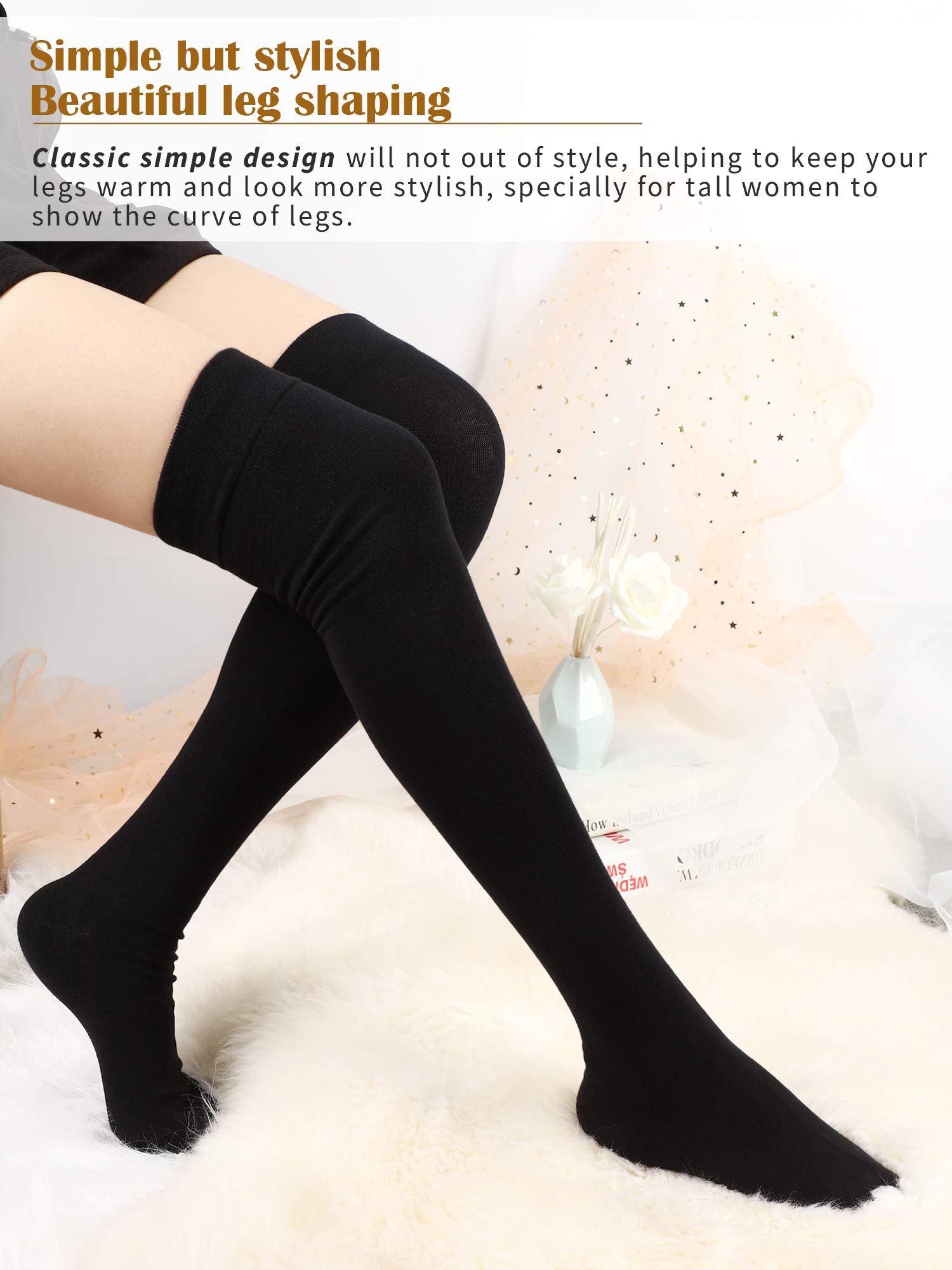 SATINIOR 3 Pairs Thigh High Socks Cotton Over Knee Socks Knit Long Boot Stocking, Black, Medium