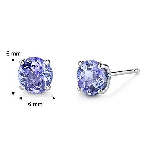 Peora 14K White Gold Tanzanite Stud Earrings for Women, Genuine Gemstone, Classic Solitaire Round Shape, 6mm, 1.50 Carats total, Friction Back