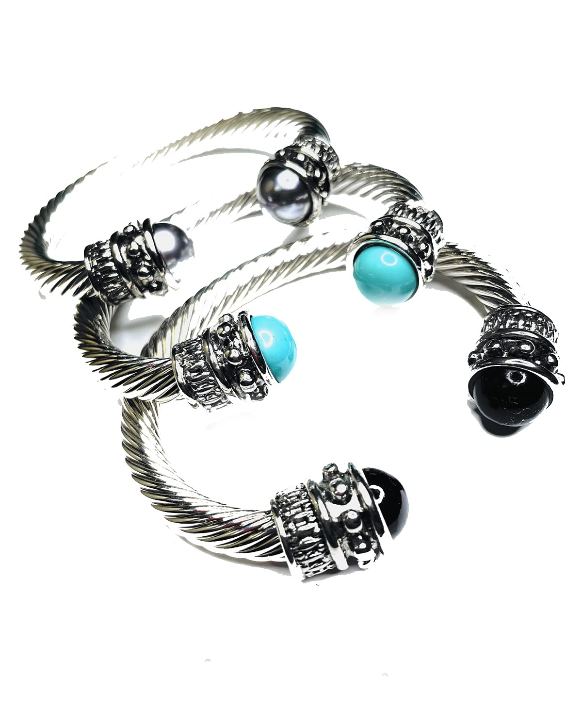 Woke Creations Grand Silver Plated Twisted Cable Bangle Cuff Bracelet Black Pearl Statement Accents