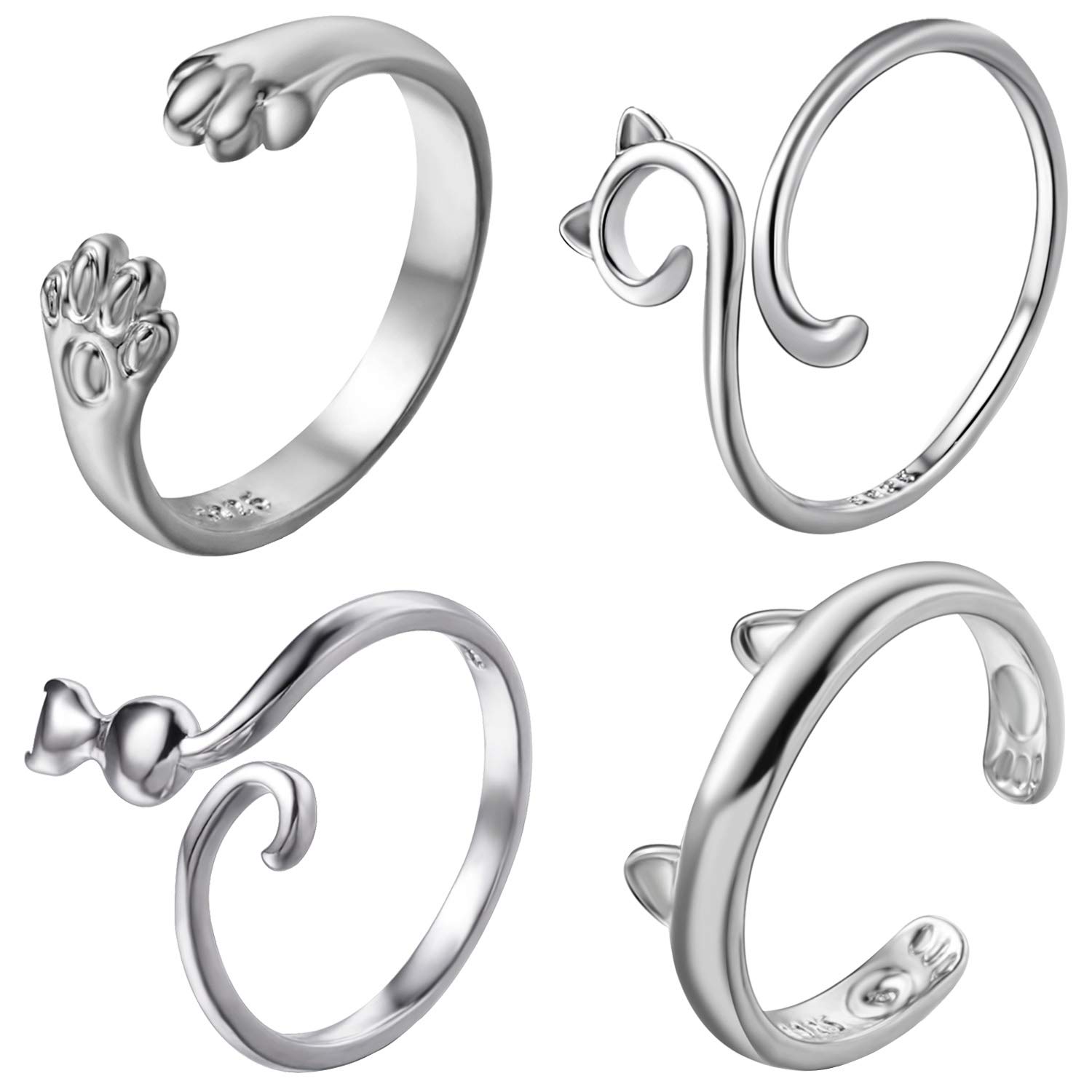 RINHOO FRIENDSHIP 4Pcs Cute Cat Rings Silver Plated Pet Open Adjustable Finger Statement Ring for Women (SET 1)
