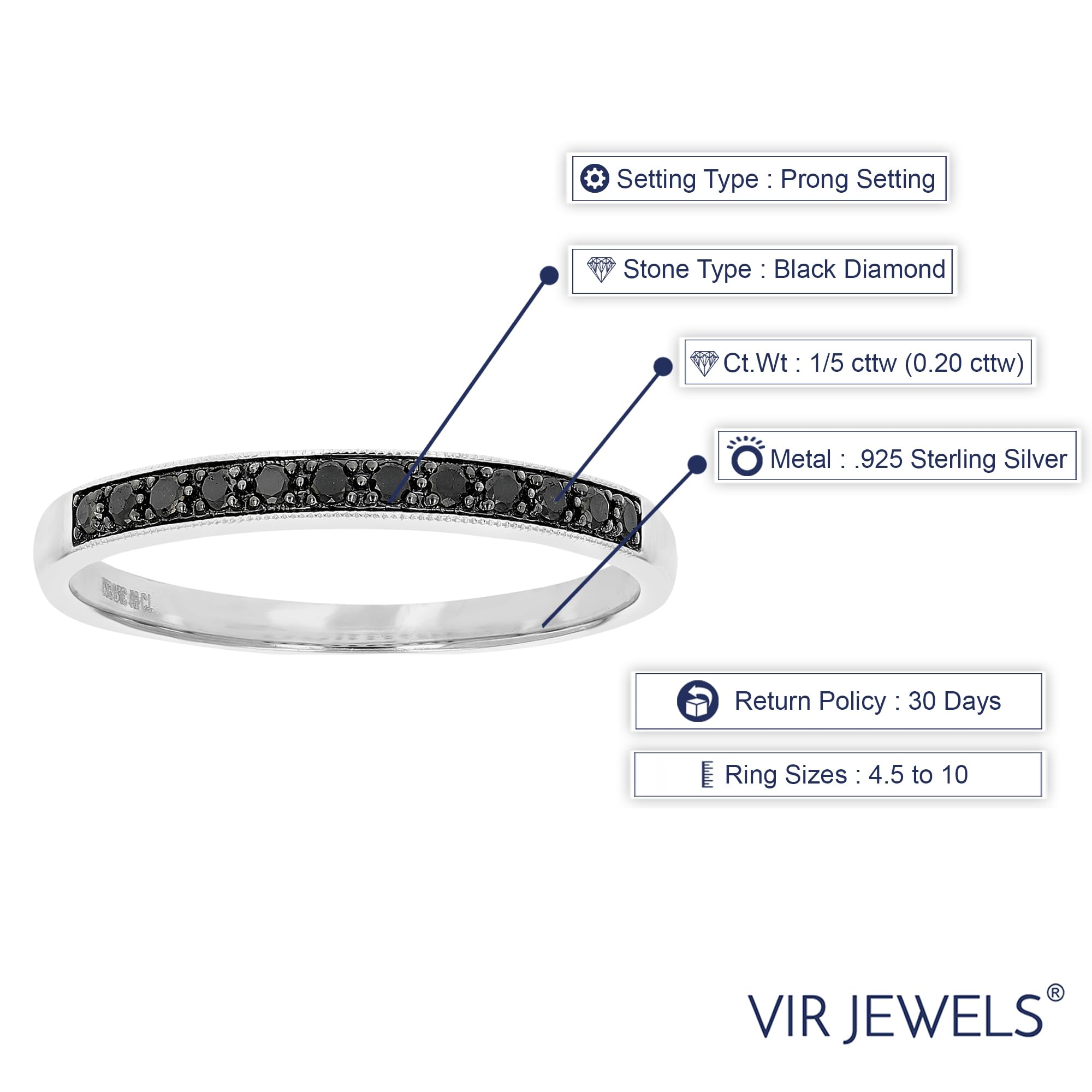Vir Jewels 1/5 cttw Black Diamond Wedding Band in .925 Sterling Silver with Milgrain Size 8