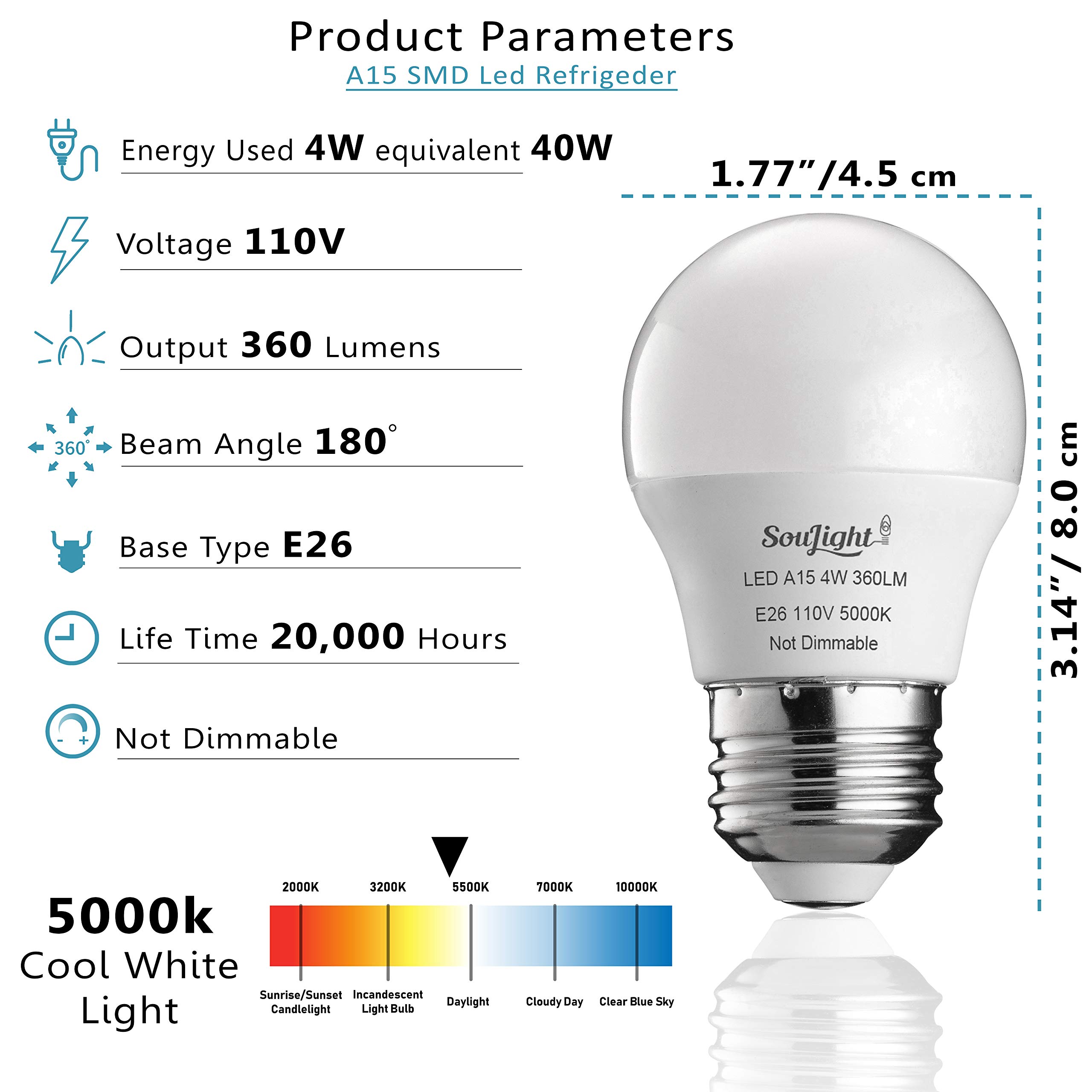 Refrigerator Light Bulb LED - SMD A15 4W 40Watt Equivalent - Waterproof E26 Base - 5000K Daylight White - 360 Lumen - Energy Saving β 4W Led Appliance Bulb - Replacement Bulbs - 2 Pack