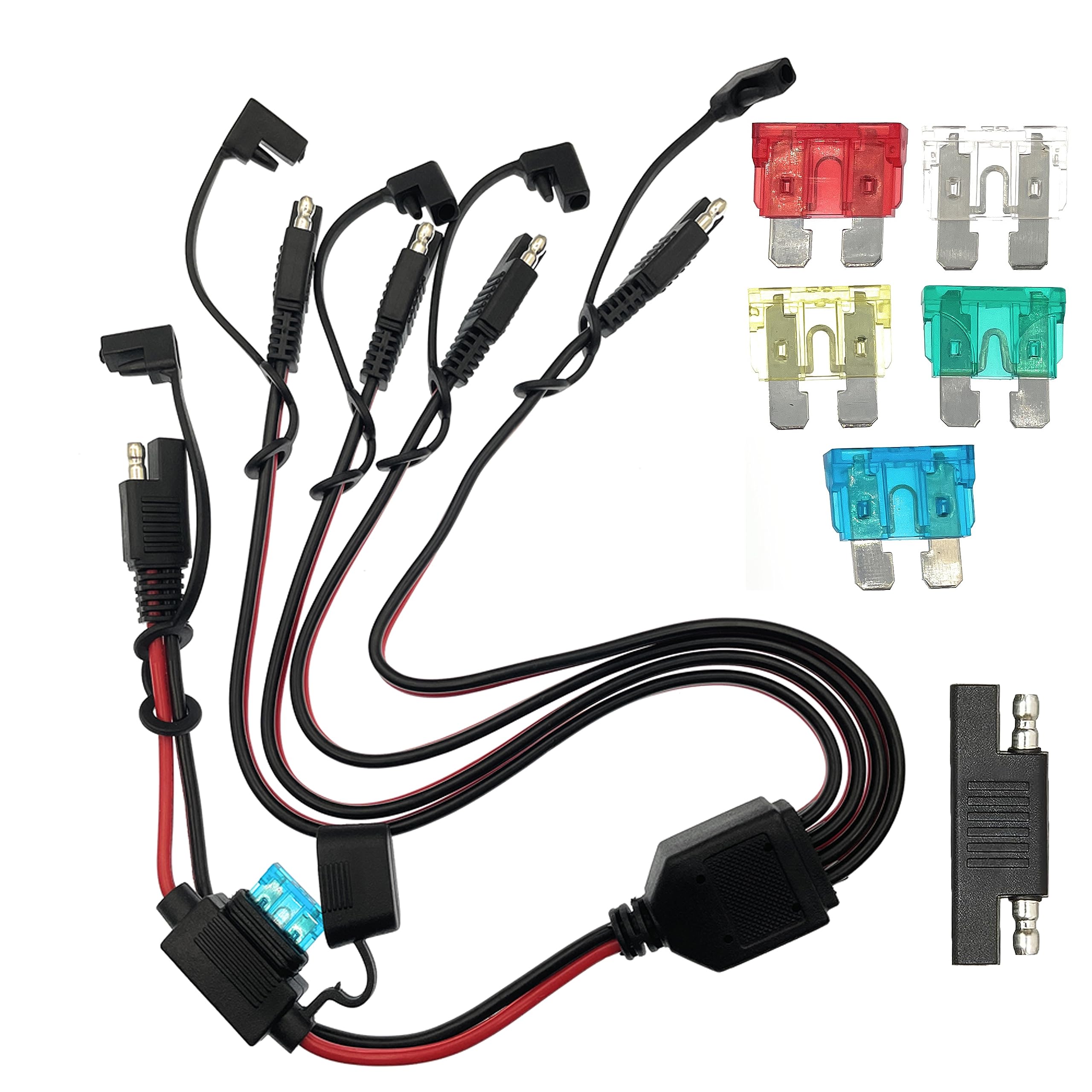 RedYutou SAE Connector Cable Y Splitter 1 to 4 SAE Extension Cable 14AWG 2ft with 10A 15A 20A 25A 30A Protection Fuse, Fit for Suitable for Solar Battery Connection and Transfer
