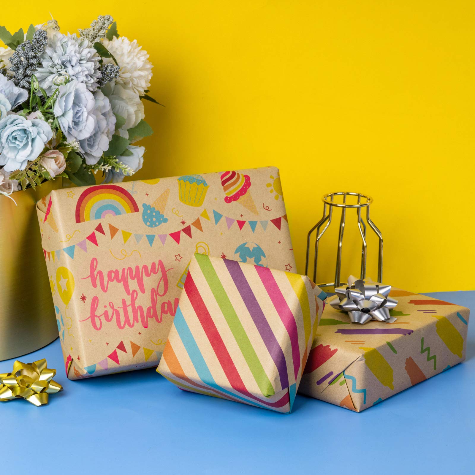 RUSPEPA Wrapping Paper Rolls with Tags and Jute String - Mini Roll - 17 inches x 10 feet per Roll, Total of 3 Rolls, Birthday