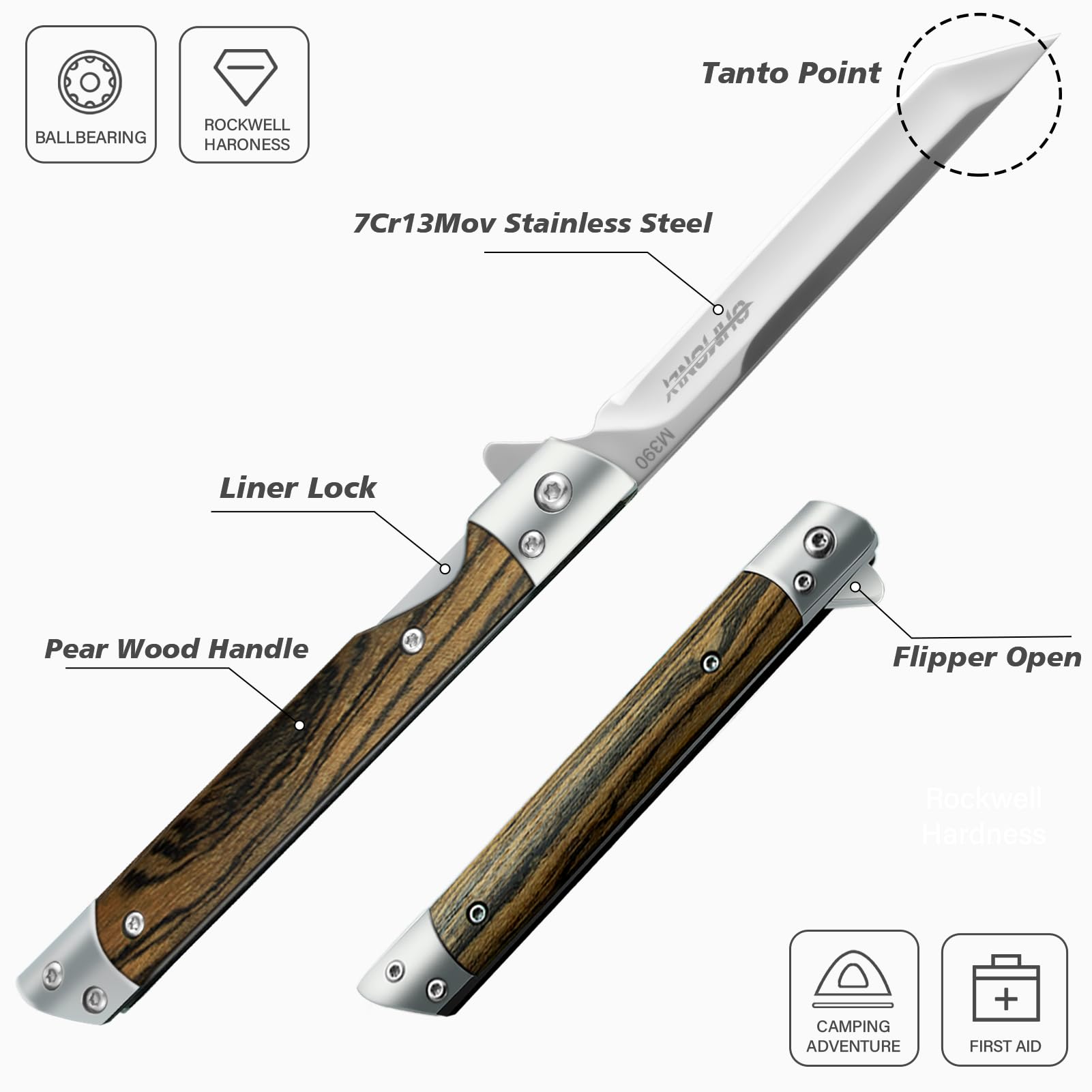ohmonlyhoo Pocket Knife for Men, 3.5 inch Folding Knife with Wooden Handle and Leather Sheath, Edc Tanto Knife for Men and Women