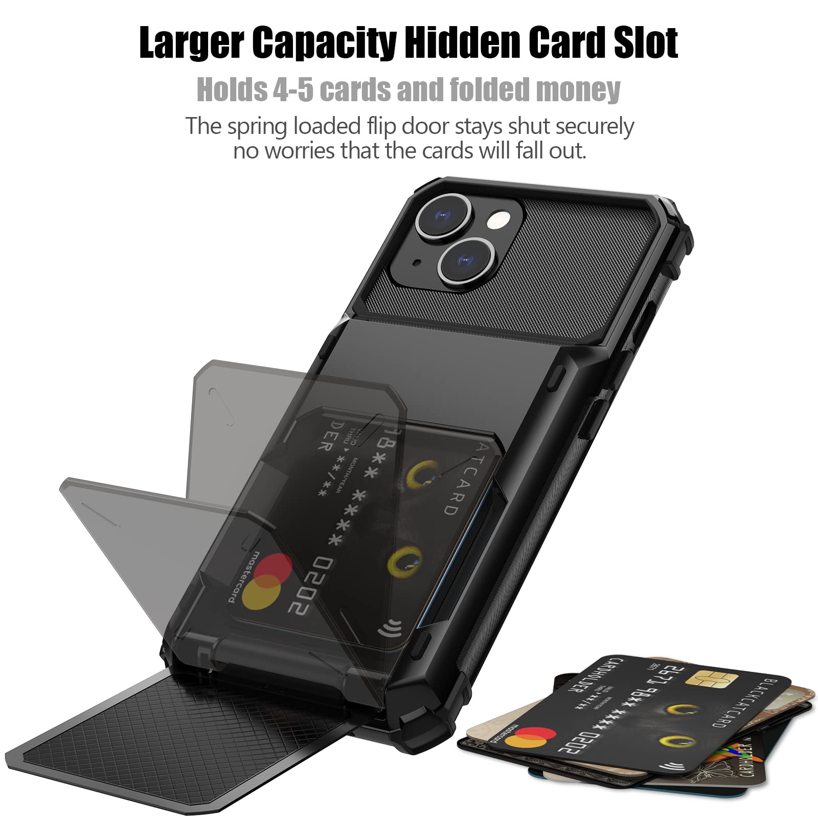 Nvollnoe for iPhone 13 Case with Card Holder[Store 5 Cards] Dual Layer Heavy Duty Shockproof iPhone 13 Wallet Case with Hidden Card Slot Large Storage Case for iPhone 13(Black)