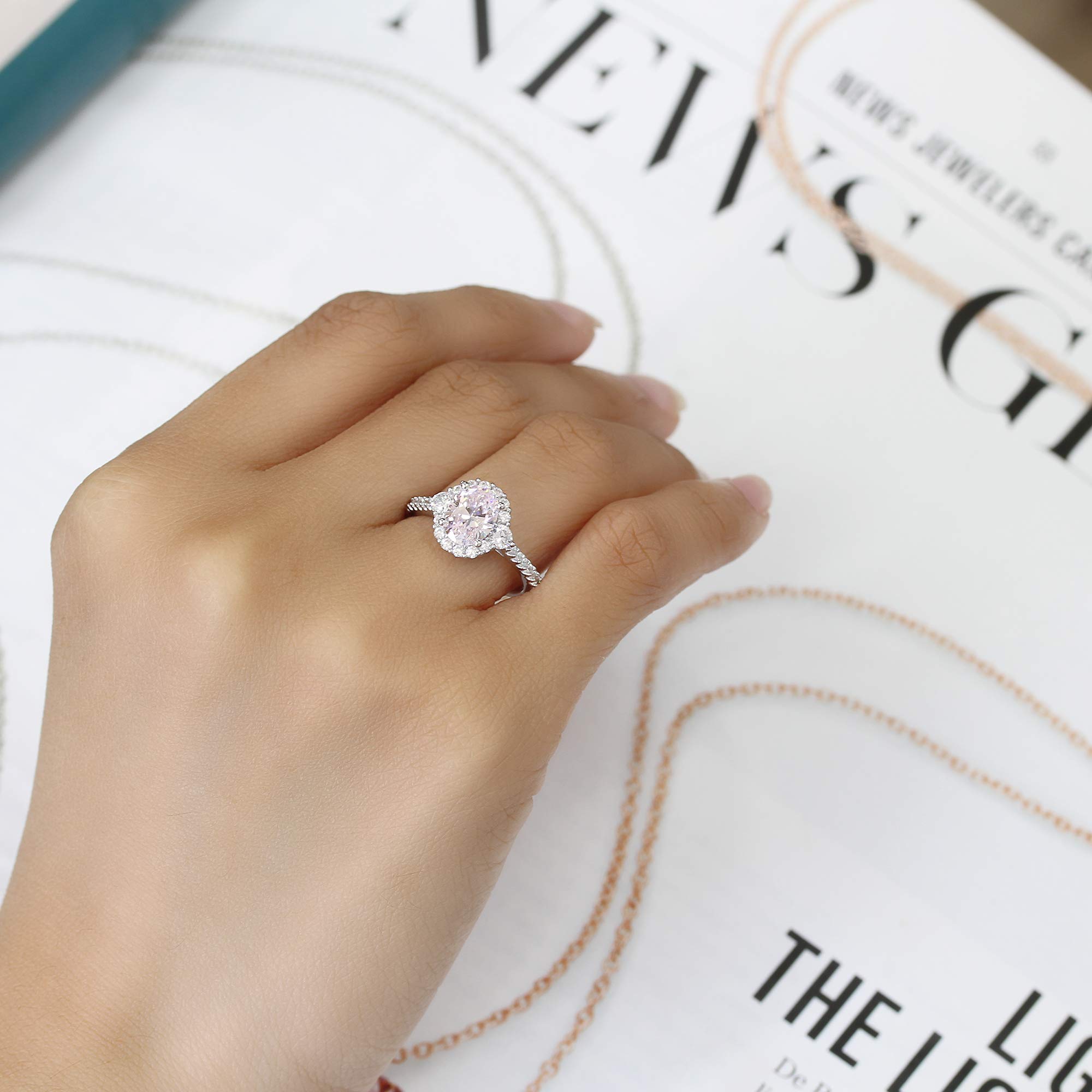 Platinum Plated Sterling Silver Ring 1.2 CT Oval Super Light Pink CZ Stone Halo Ladies Cocktail Ring (Size 5 to 9), 7