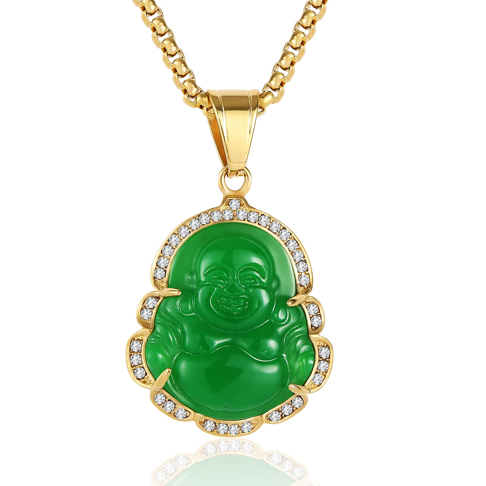 P.BLAKE Green Laughing Buddha Gold Necklace for Men Women, Stainless Steel Buddha Pendant Chain Buddhist Jewelry Gifts (Green 24 Inches)