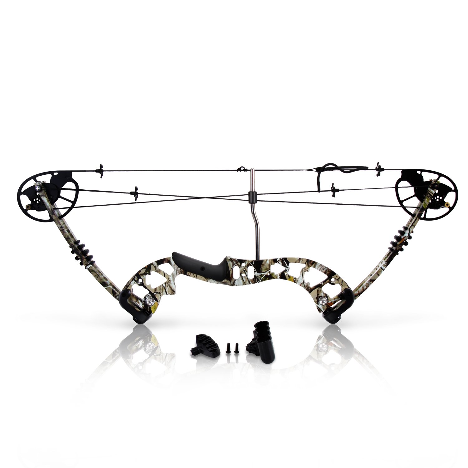 SereneLife Sharp Eye Camouflage Compound Bow-320 FPS Hunting Camo Archery Gear-Fiberglass Limb,Metal Riser,4 String Silencers,30-70lbs Adjustable Draw Weight,23.5”-30.5” Length SLCOMB10.5