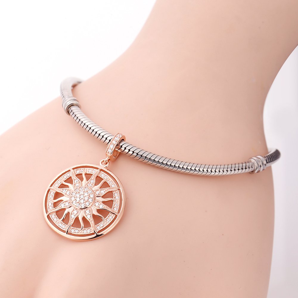 Rose Gold Sun Charms 925 Sterling Silver Dangle Charms with Clear CZ for Pandora 3mm Snake Chain Bracelet