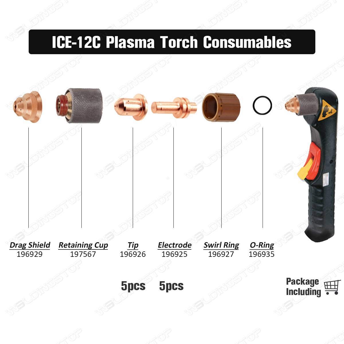 Plasma 196925 Electrode 196926 Tip Kits for Miller Cutter ICE-12C Torch PK10