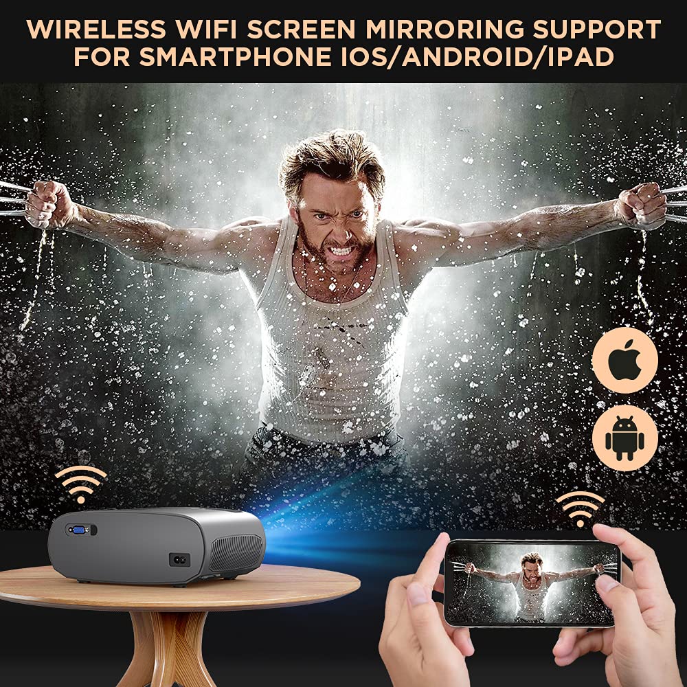 TENKER WiFi Bluetooth Projector, 9500L Native 1080P Projector 4k Support, 300‘’ Full HD Outdoor Projector Support Zoom/Sleep Timer, Mini Video Projector Compatible w/Phone/Laptop/PC/DVD/TV