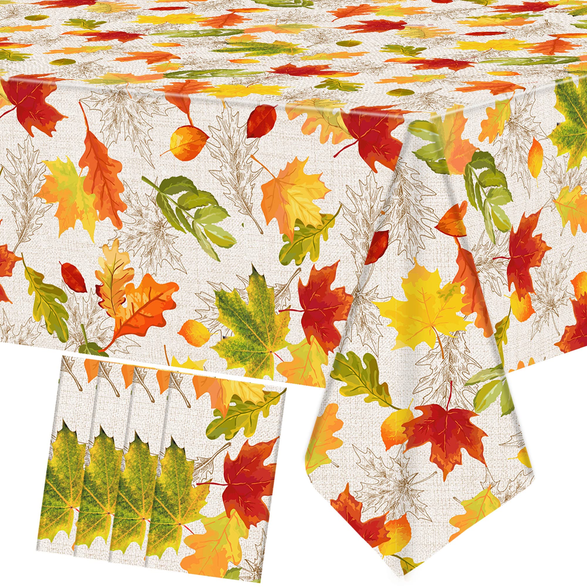 peony man 4 PCS Fall Leaves Tablecloths Plastic Maple Table Covers Disposable Rectangle Autumn Party for Thanksgiving Kitchen Dining, 54 x 108 Inch