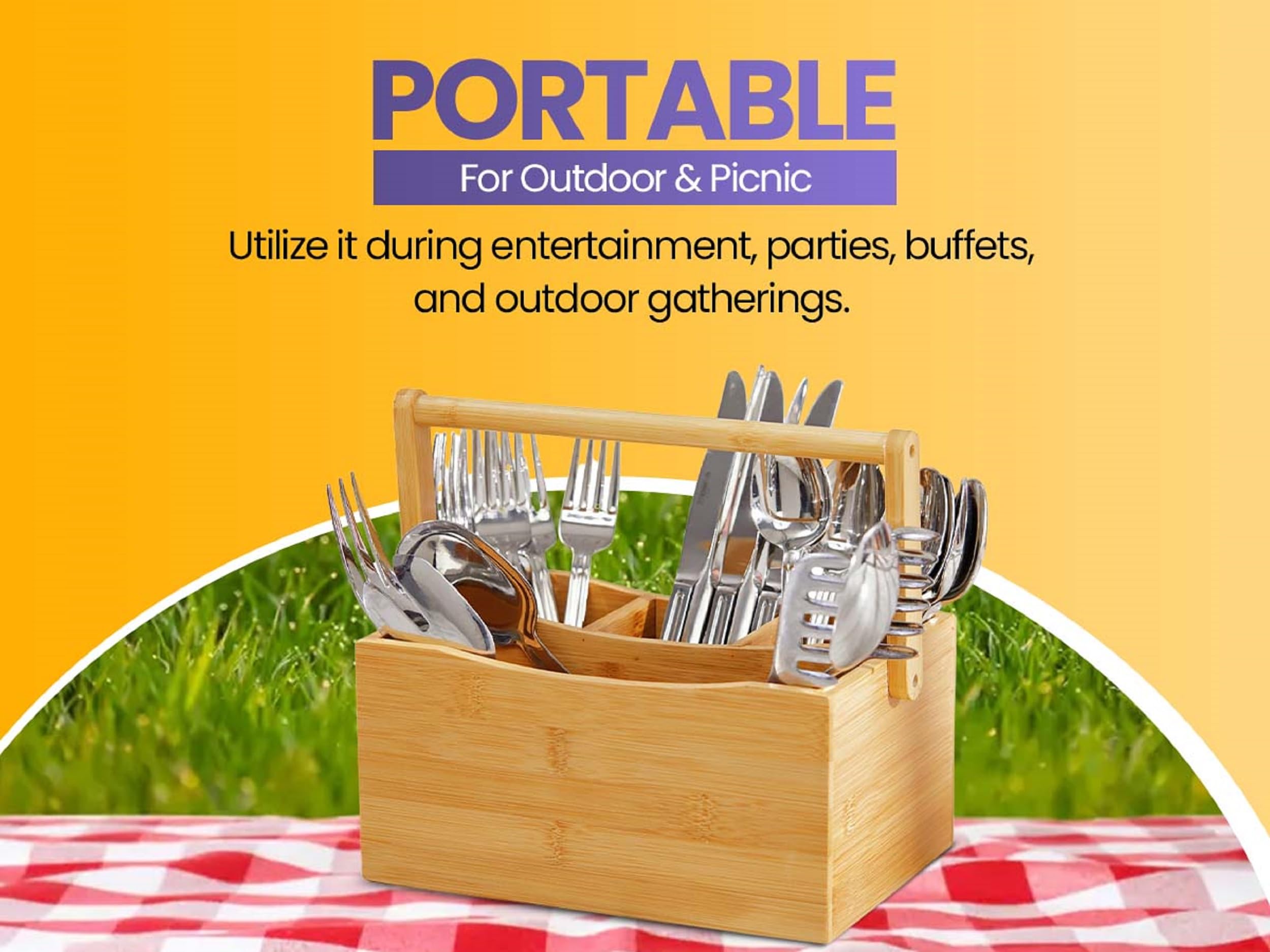 YBM Home Bamboo Flatware Utensil Caddy with Napkin Holder and Handle, Wood Picnic Basket for Kitchen and Camping Trip, 336