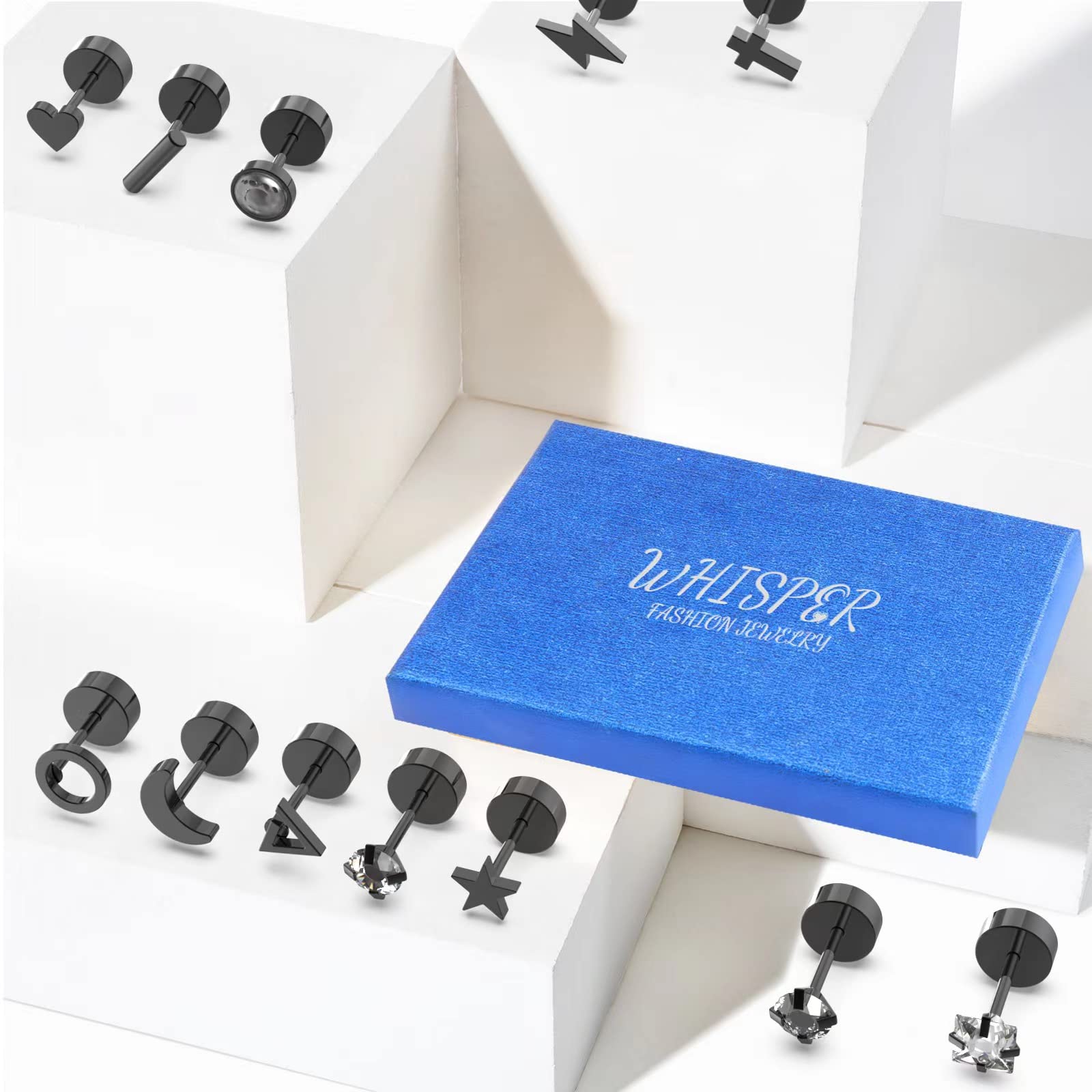 Studs Earrings for Women, Whisper 18 Pairs 316L Stainless Steel Ear Stud Hypoallergenic Earrings 20G Tiny Cartilage Earrings Set Barbell Flatback Earrings Piercing Set Blac