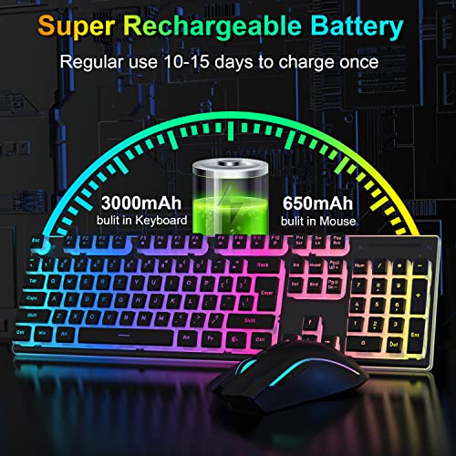 Wireless Gaming Keyboard and Mouse Combo,Translucent Pudding Keycap,3650mAh Rechargeable Battery,RGB Ergonomic Mechanical Feel Keyboard,4800 DPi Rainbow Led Mute Mouse 2.4G USB for PC/Mac(Black)