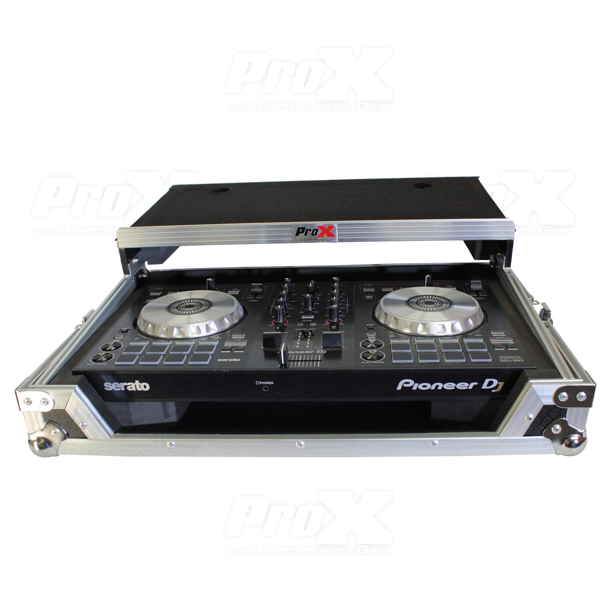 ProX Flight Case for Pioneer DDJ-SB3 & DDJ-400 Digital Controller With Sliding Laptop Shelf - Silver on Black Design - X-DDJSB3 LT
