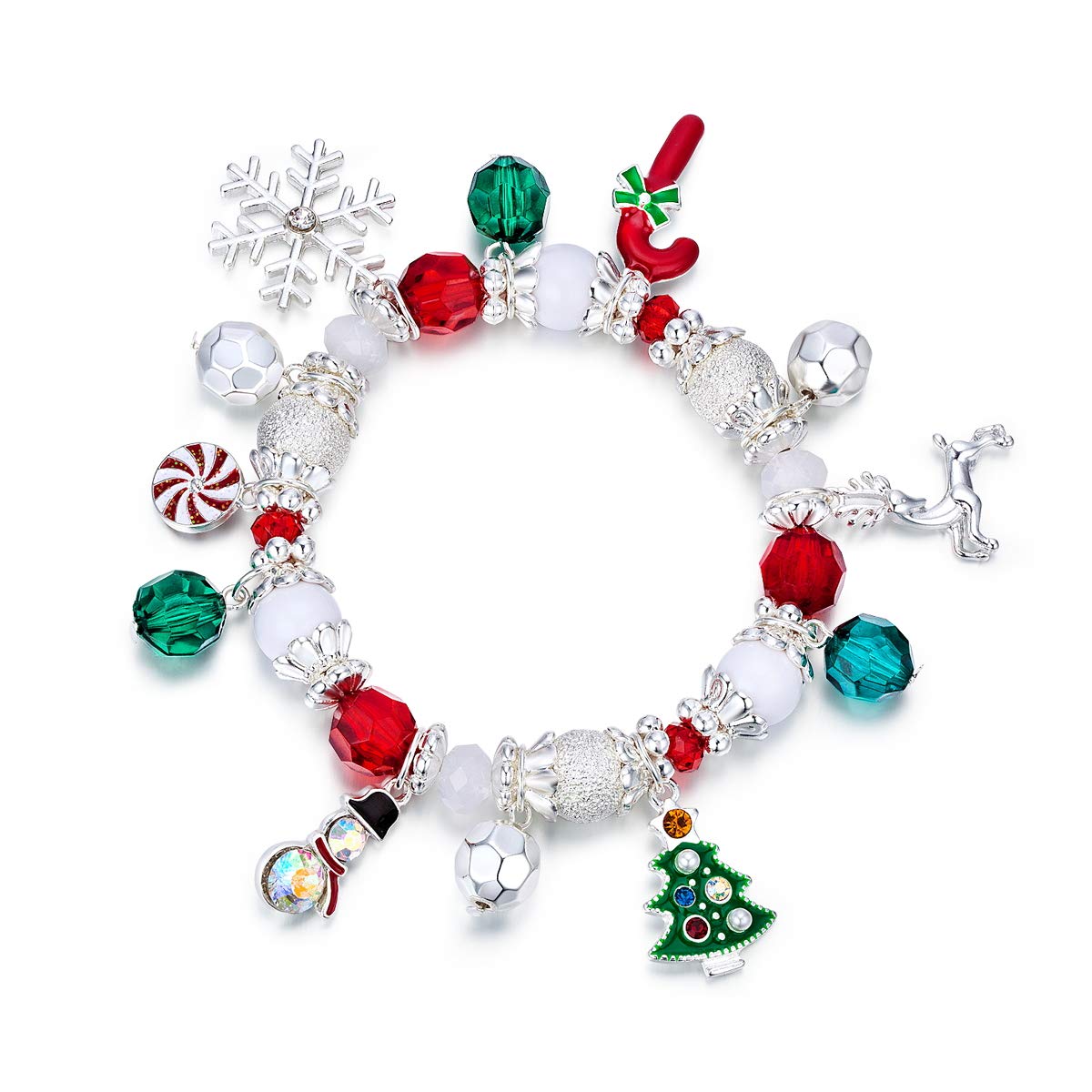 RareLove Christmas Snowflake Charm Beaded Bracelet Stretch Strand Elastic Crystal Silver Tone Dangle Xmas Tree Reindeer Women Girls Holiday Gift
