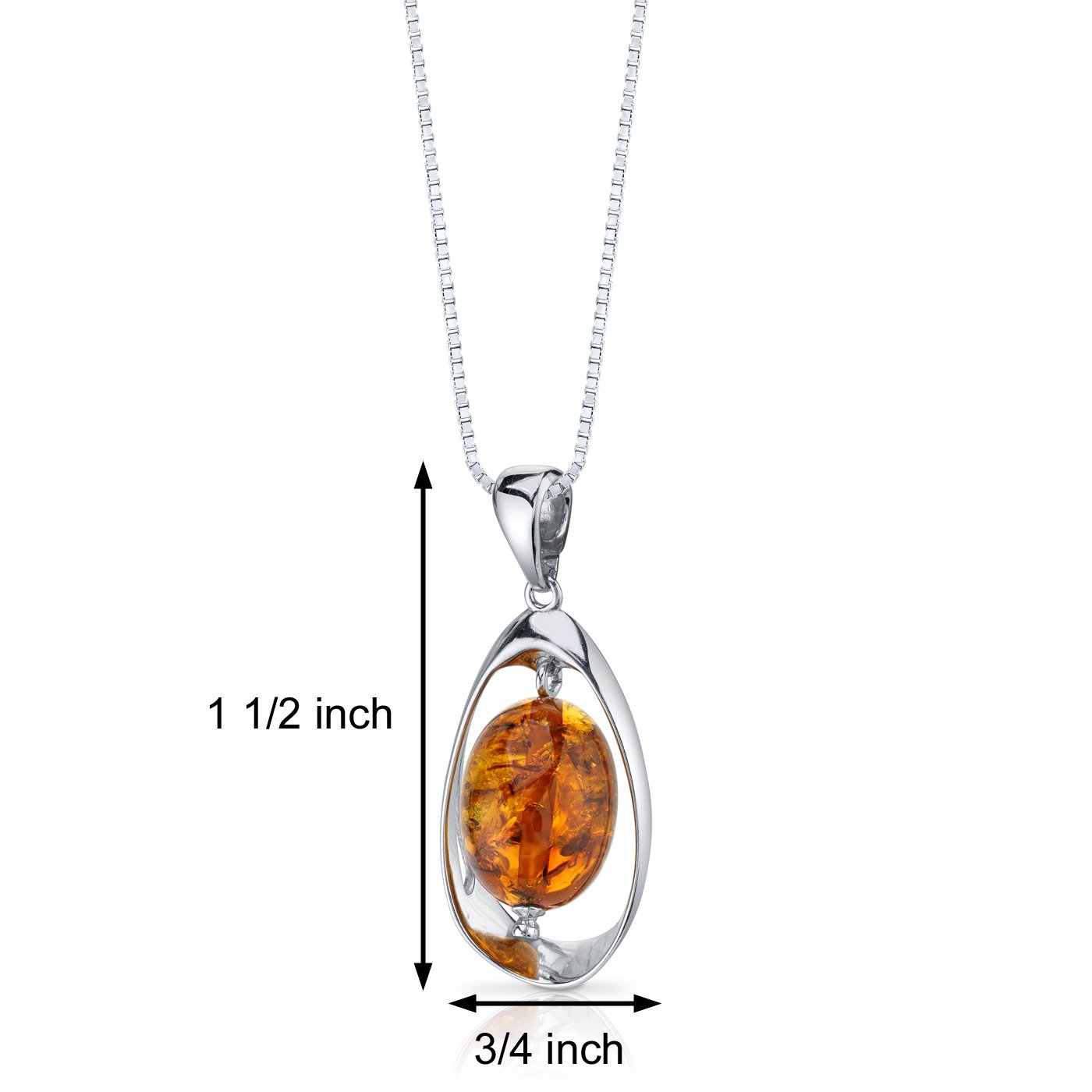 PEORA Genuine Baltic Amber Floating Solitaire Pendant Necklace for Women 925 Sterling Silver, Rich Cognac Color, Oval Shape, with 18 inch Chain