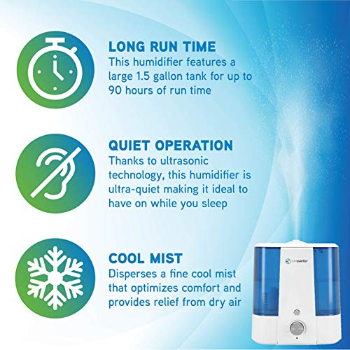 Pure Guardian H1175FL Ultrasonic Cool Mist Humidifier, 90 Hrs. Run Time, 1.5 Gal. Tank Capacity, 390 Sq. Ft. Coverage, Medium Rooms, Quiet, Filter Free, Silver Clean Treated Tank, Essential Oil Tray