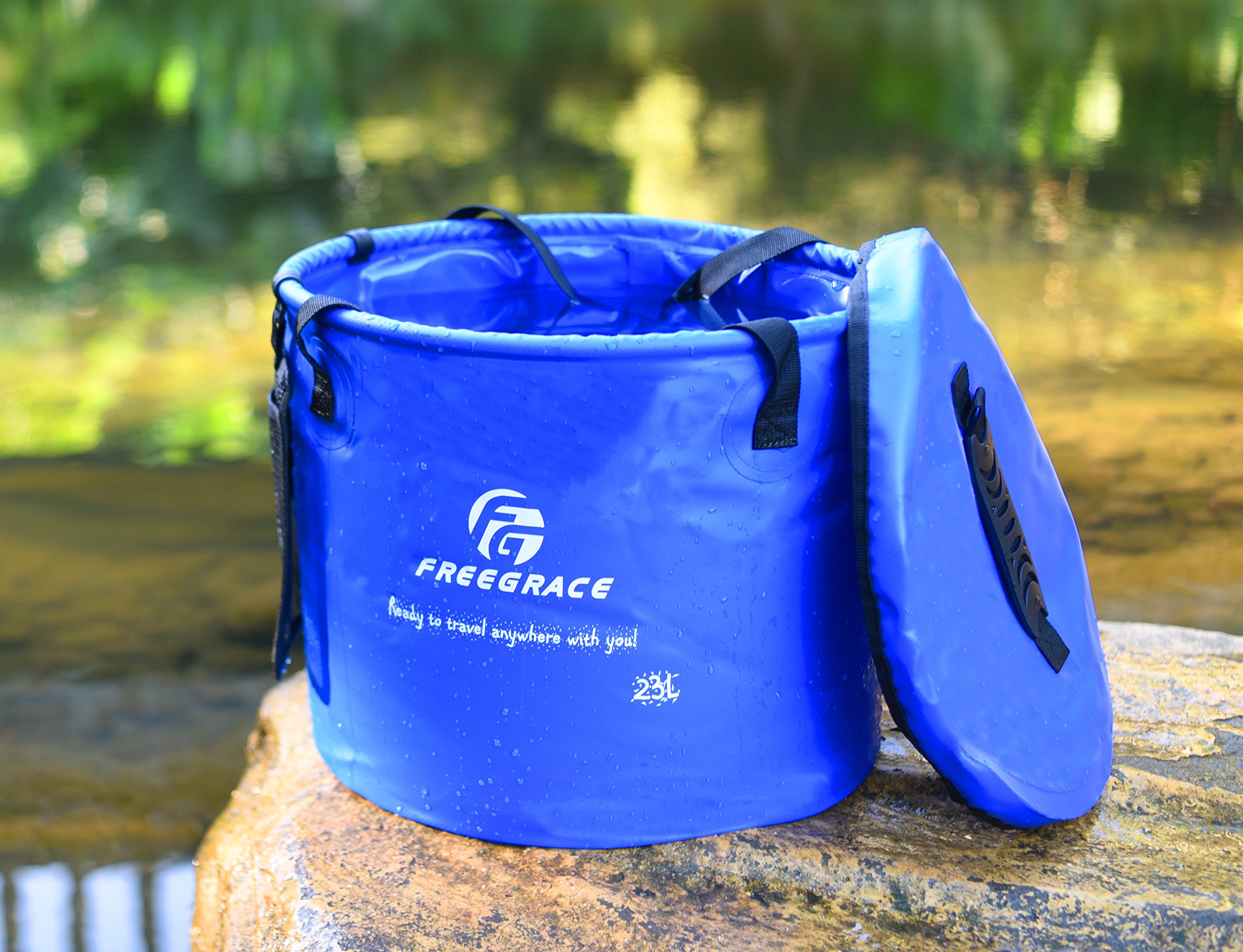 Premium Collapsible Bucket by Freegrace - Compact Portable Folding Water Container - Lightweight & Durable - Includes Handy Tool Mesh Pocket (Navy Blue(Upgraded), 23L (Lid))