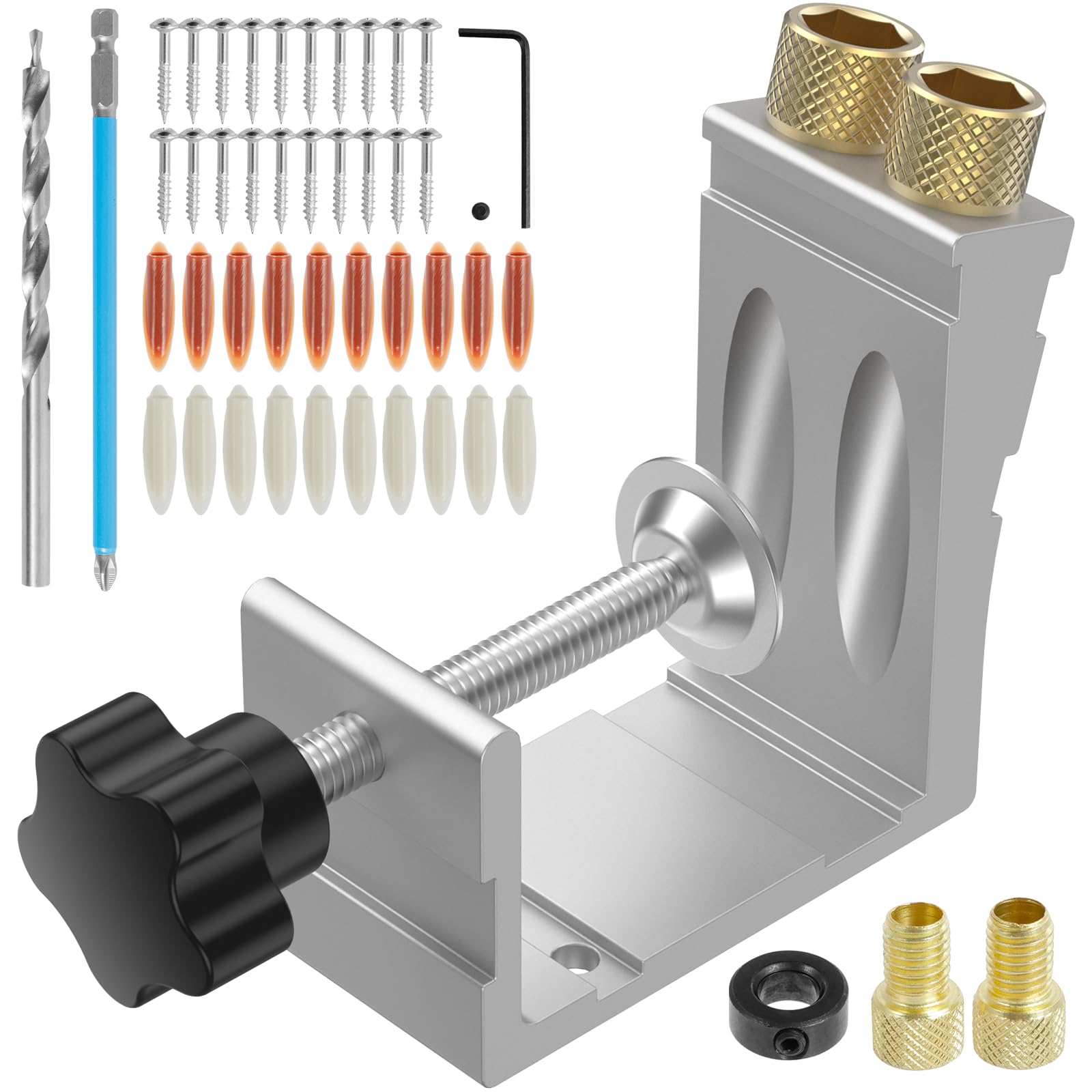 Pocket Hole Screw Jig, 15° Jig Dowel Drill Joinery Kit, 3-Hole Aluminum Alloy Guide Kit Punch Locator Positioner Kit, Pocket Hole Screw Jig for Woodworking Angle Drilling Guide (Silver)