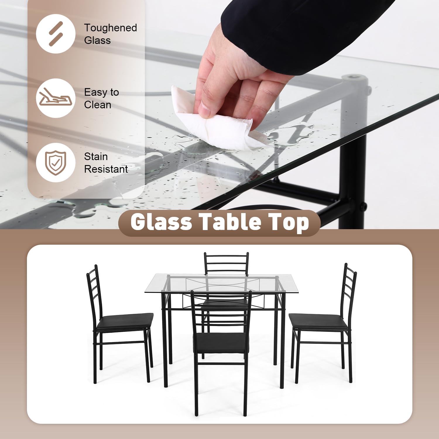 PayLessHere Dining Room Set 5-Piece Classic Dining Table Set for 4, Glass Top Table and 4 Rectangular Modern Chairs with Metal Legs for Dining Room and Kitchen