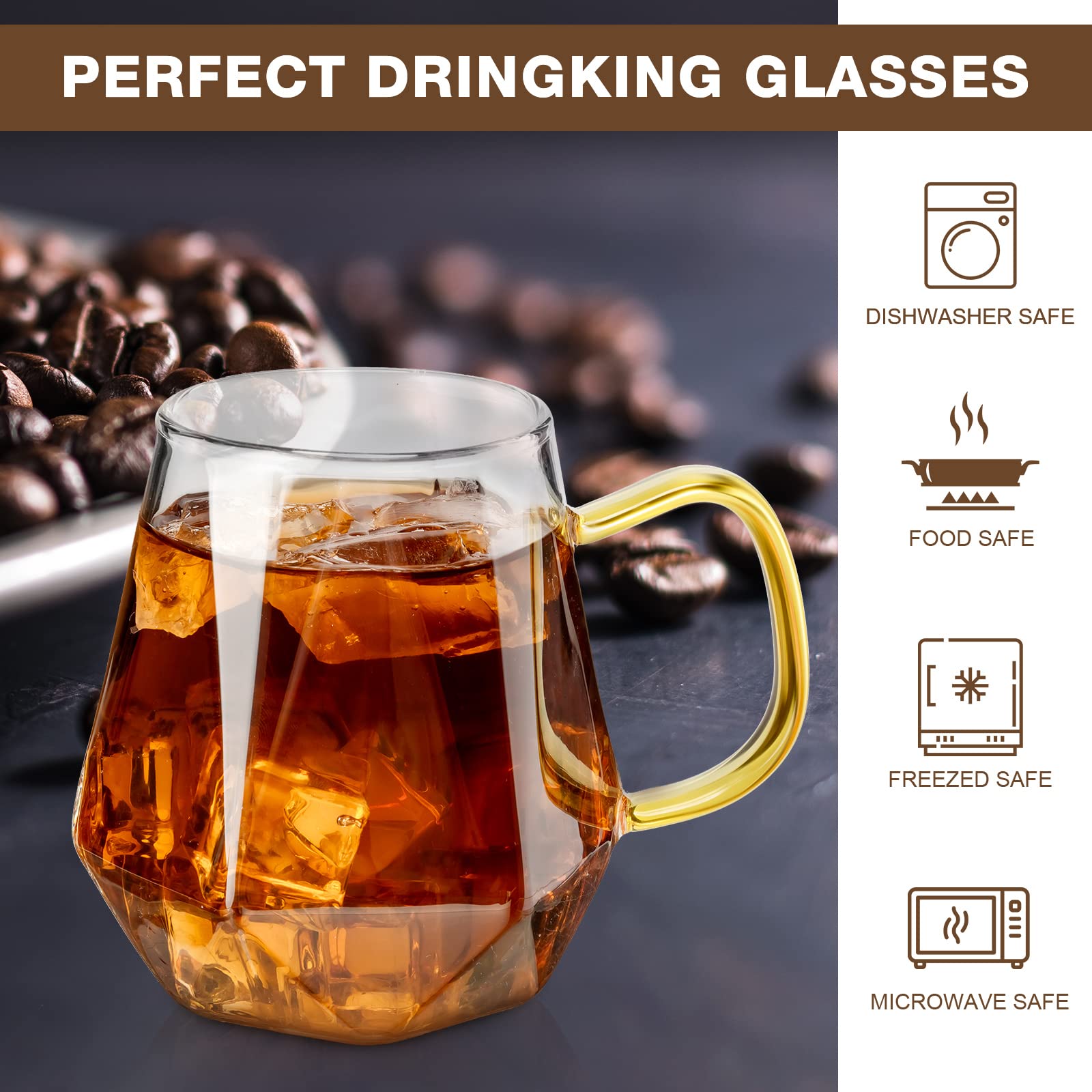 Patelai 12 Pieces Glass Coffee Cups with Handle, 10 oz Crystal Clear Coffee Mugs for Hot Espresso Liquor, Microwave Safe Tea Cups Glass Set Gift, Diamond Design
