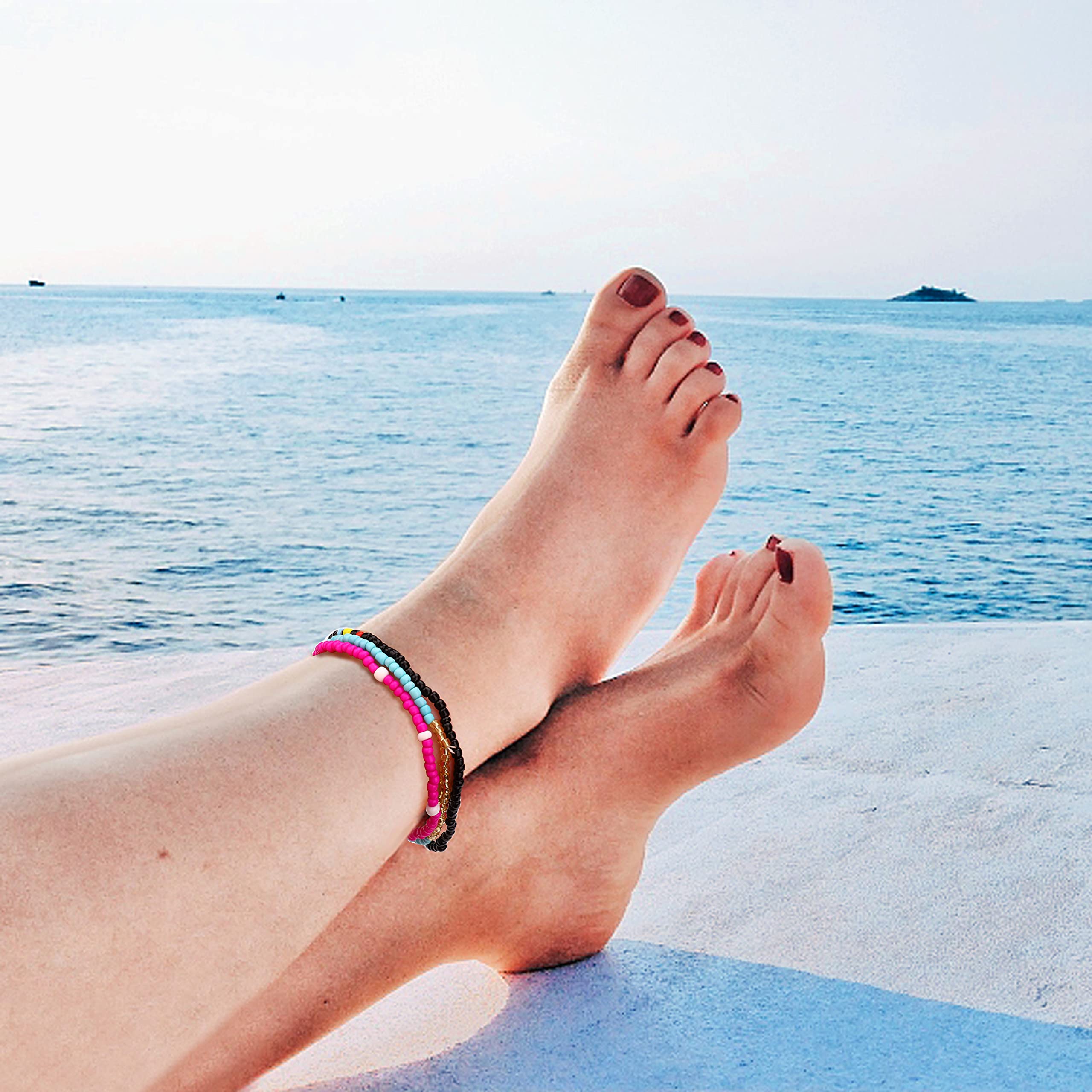 Subiceto 36Pcs Beaded Anklets for Women Teens Handmade African Elastic Beaded Anklet Multicolor Boho Layered Beads Ankle Bracelets Set Adjustable Colorful Stretch Summer Foot Jewelry