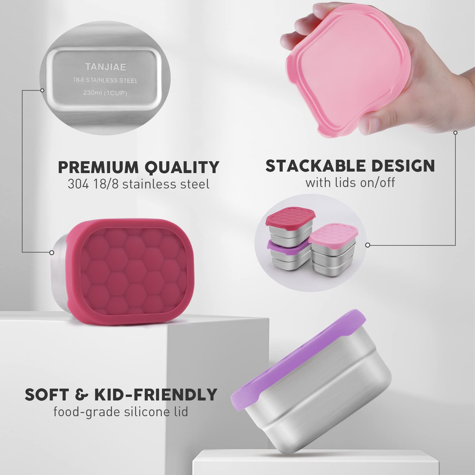 Tanjiae Bundle - 2 Items Stainless Steel Snack Containers for Kids | Easy Open Leak Proof Small Food Containers with Silicone Lids