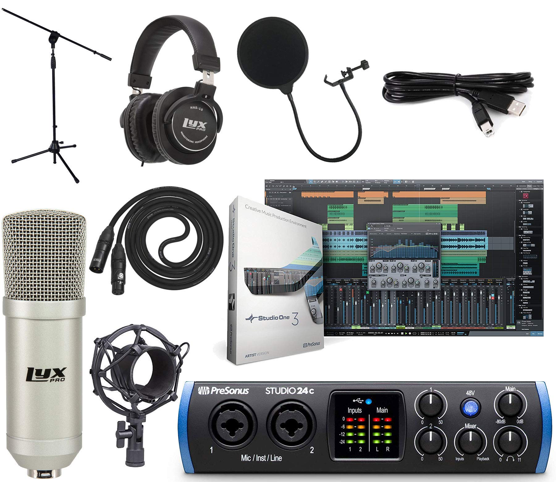 PreSonus Studio 24c 2x2 USB Type-C Audio/MIDI Interface Studio Bundle with Studio One Artist Software Pack
