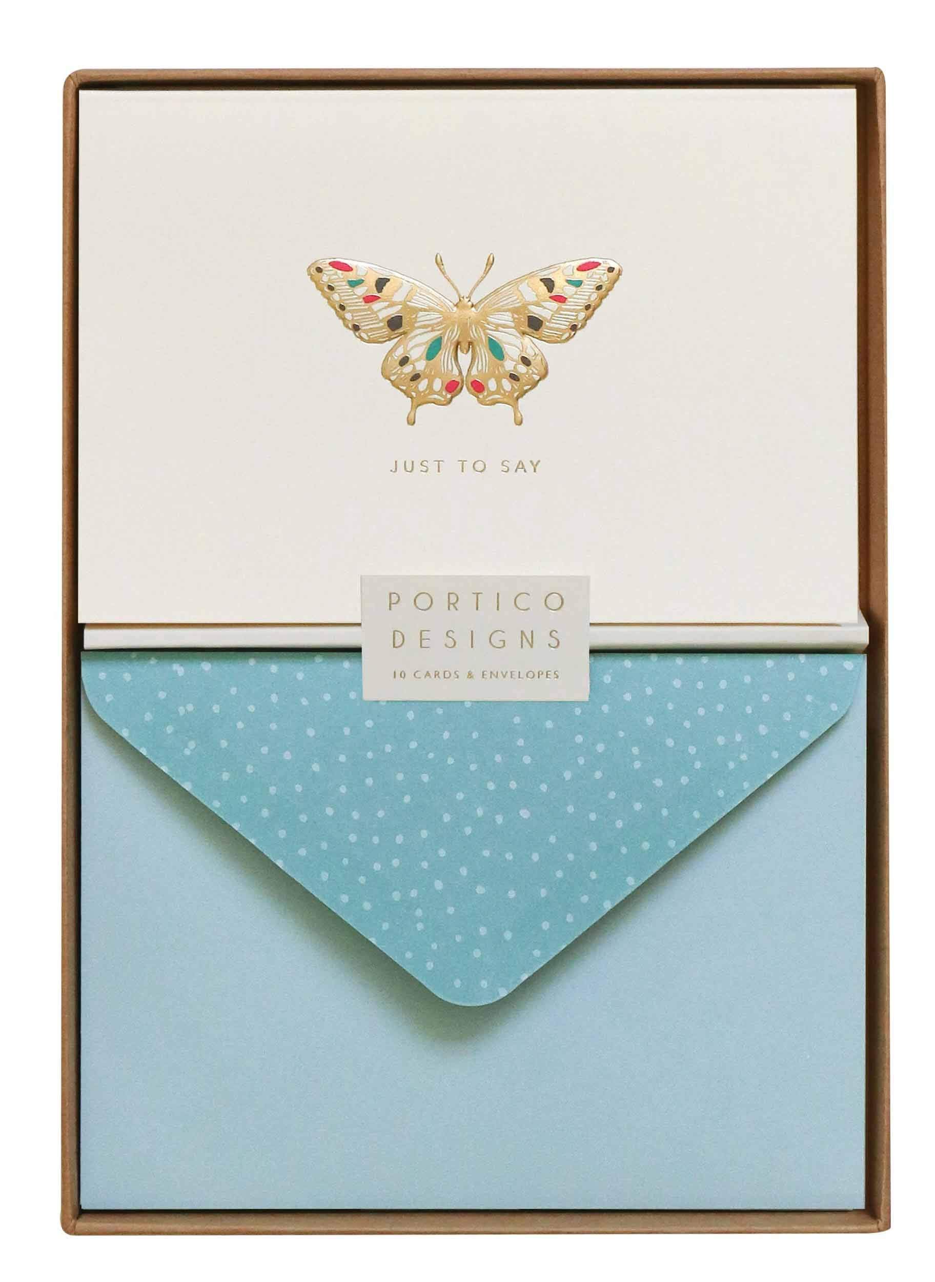Portico Designs Blank Notecard Set Gold Foil Boxed Notecards Stationary Set, 10-Count, Jeweled Butterfly