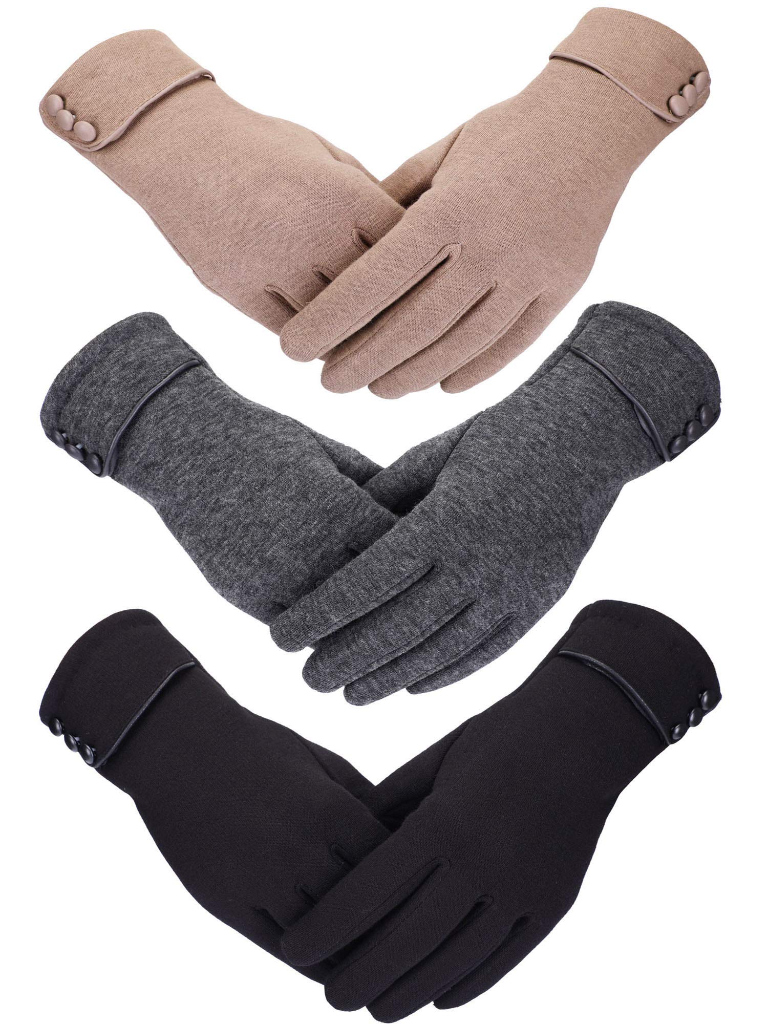 Patelai 3 Pairs Womens Gloves Winter Touchscreen Texting Phone Windproof Gloves Fleece Lined Cold Weather Warm Gloves (Black, Gray, Khaki)