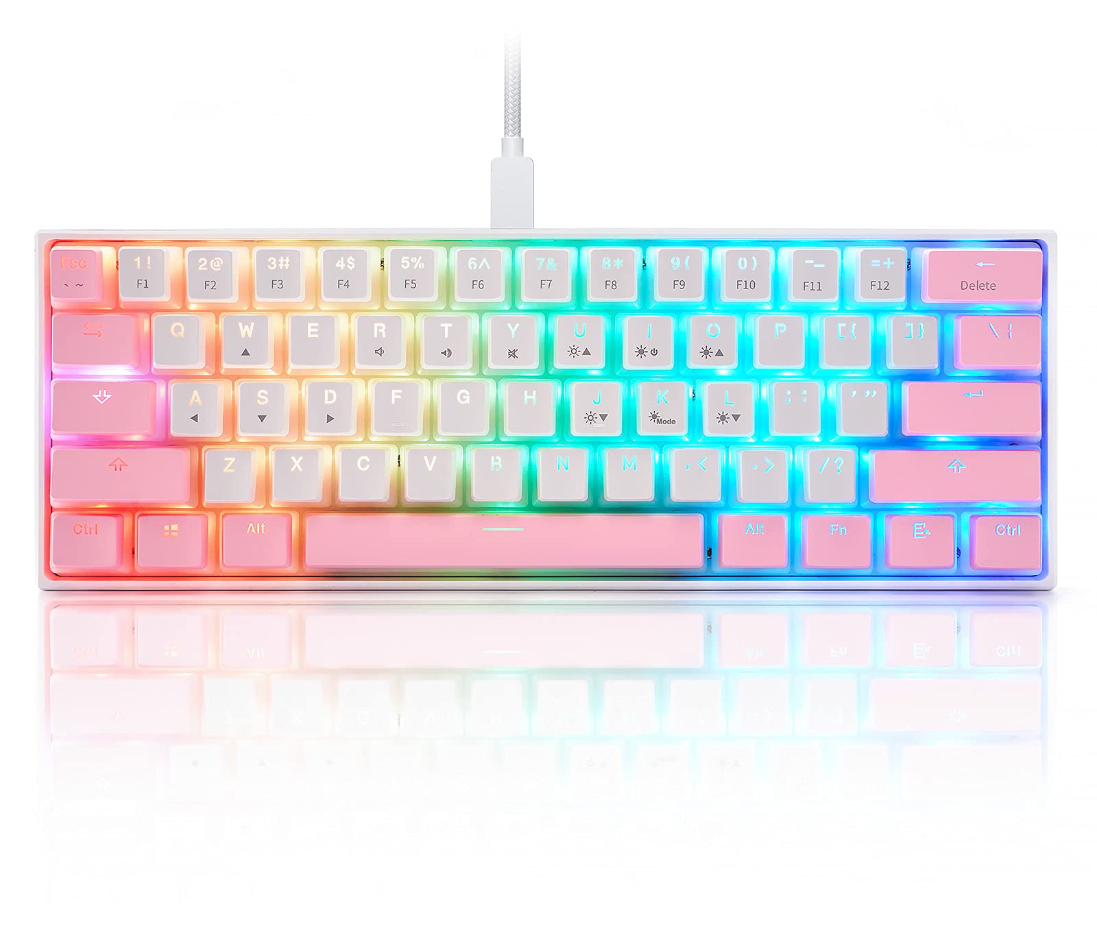 Seenda Pudding Hacker 61 Mechanical Gaming Keyboard, Wired Mini 60% Two-Tone White Pink Keyboard with Customizable RGB Backlit & Fully Programmable Keys, Red Switch and PBT Keycap Mechanical Keyboard