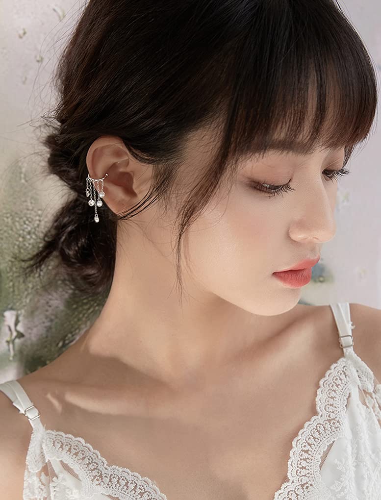 SLUYNZ 925 Sterling Silver Cuff Earrings Droplet Tassel Chain for Women No Piercing Cartilage Earrings Wrap (A-Silver)