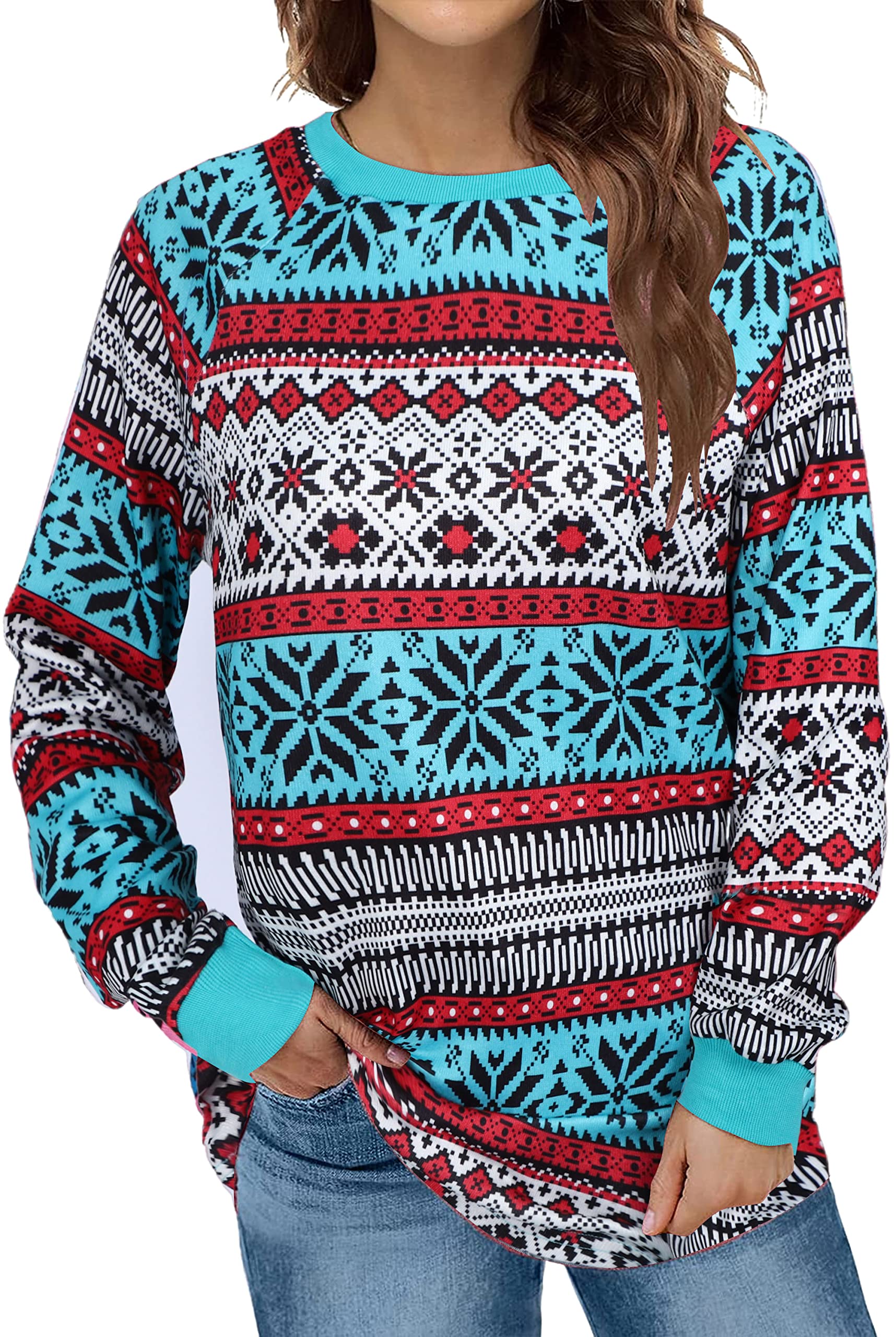 UNIQUEONE Christmas Sweatshirts For Women Xmas Snowflake Shirts Raglan Sleeve Blouse Loose Knitted Pullover Tops Blue
