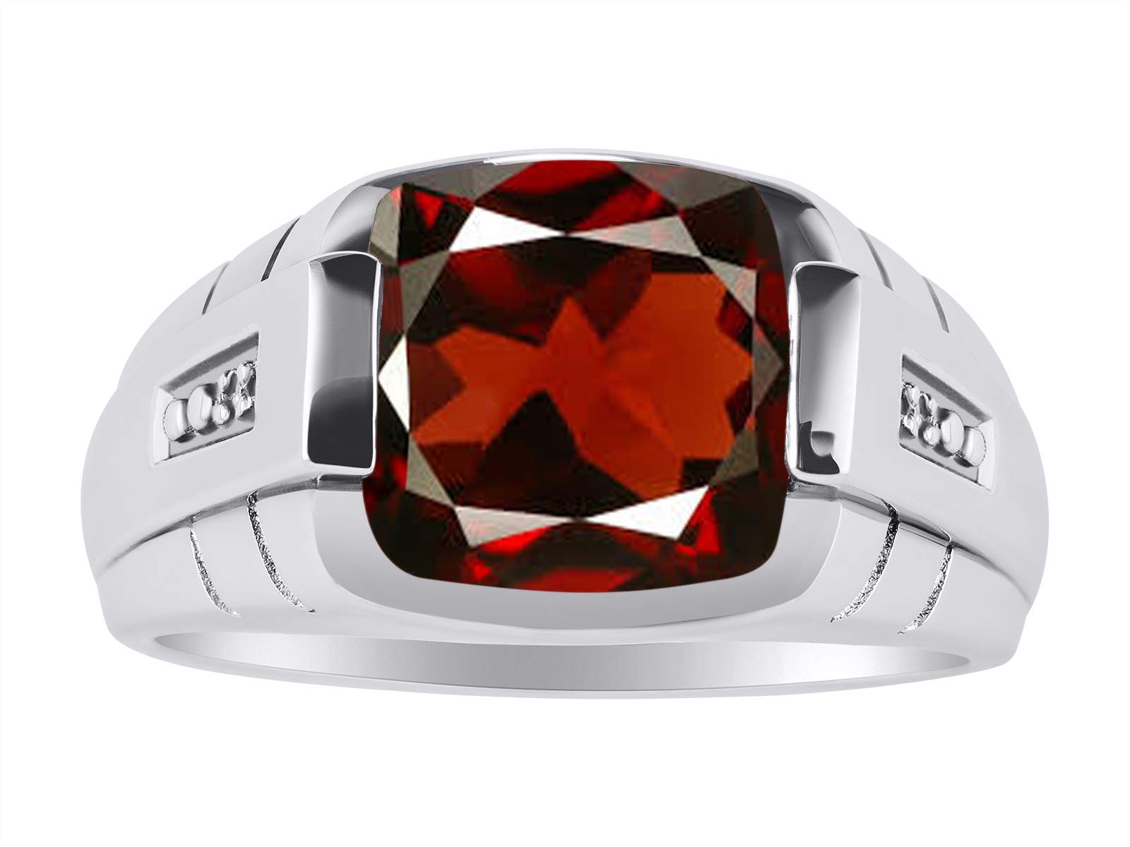 Rylos 12MM Cushion Shape Checker Top Garnet Color Stone & Diamonds Set in Sterling Silver Size 8