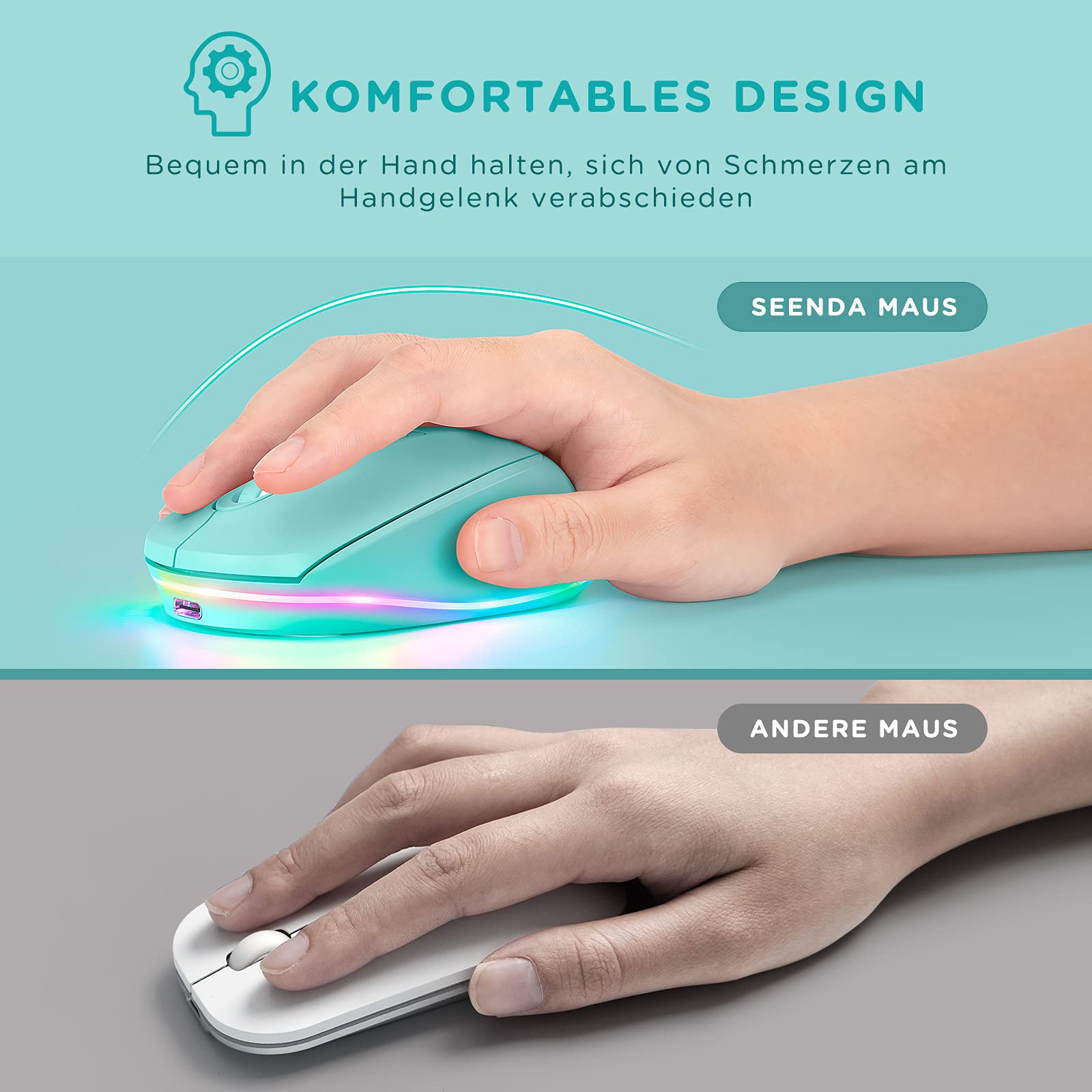 seenda Wireless Mouse, Rechargeable Light Up Mouse for Laptop, Small Cordless Mice with Quiet Click LED Rainbow Lights for PC Computer Kids Chromebook Windows Mac,Mint