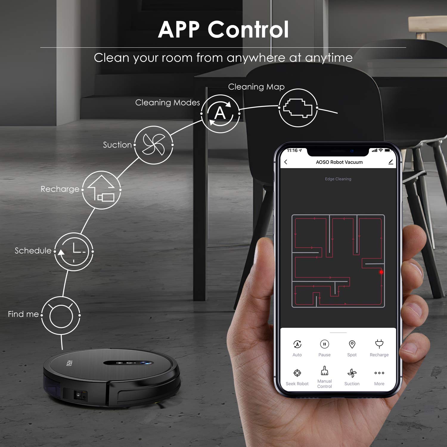 Robot Vacuum, 2000Pa Robot Vacuum Cleaner, Smart Visual Navigation, APP and Remote Control, 110mins Runtime, Multi Cleaning Modes Robotic Vacuum Cleaner Best for Pet Hairs, Hard Floor, Carpet