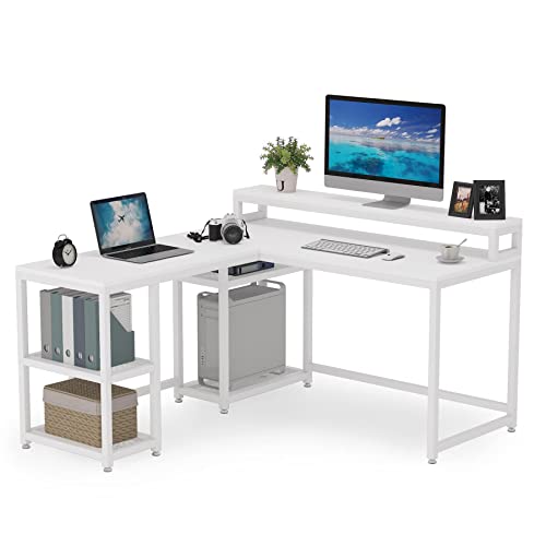 Tribesigns Reversible L-Shaped Desk with Monitor Stand, 59x55 inch Large Corner Computer Desk Study Writing Table with Storage Shelves for Home Office (White)