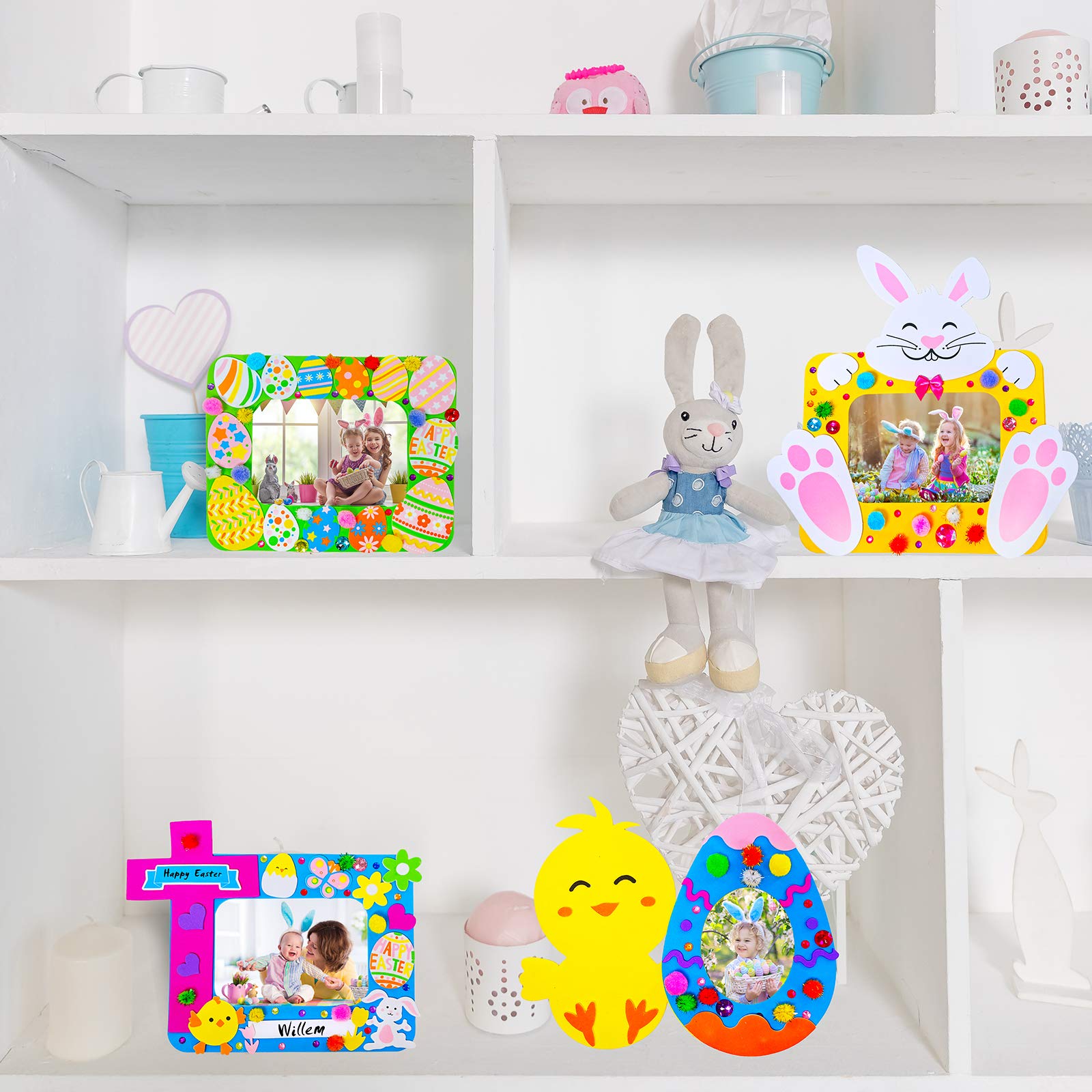 Winlyn 12 Sets Easter Decorations DIY Easter Craft Kits Easter Picture Photo Foam Frame Bunny Egg Chick Cross Stickers for Kids Gift Favors Easter Spring Home Classroom School VBS Activity Art Project